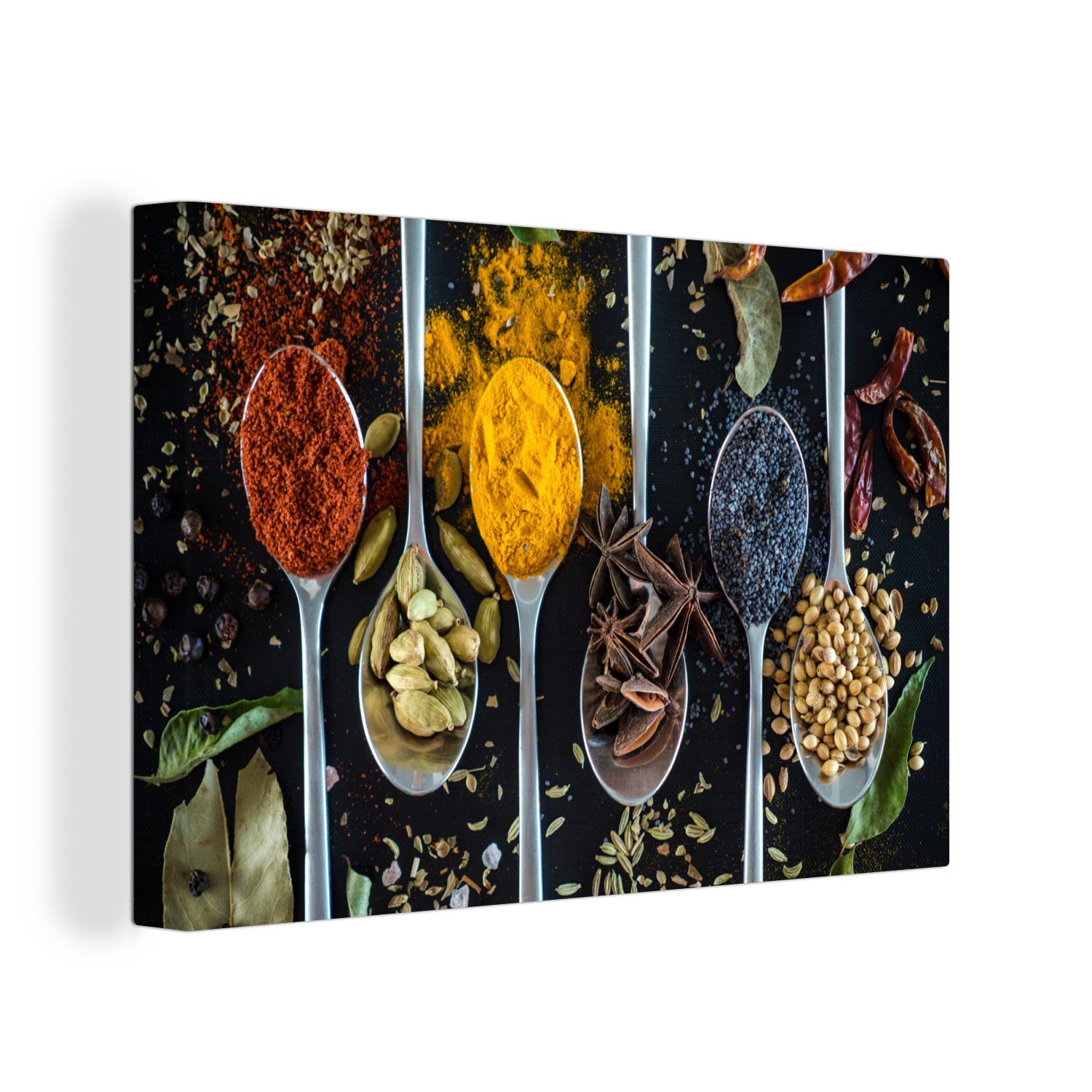 Onemillioncanvasses® Leinwandbild Gewürze Löffel Schwarz Küche