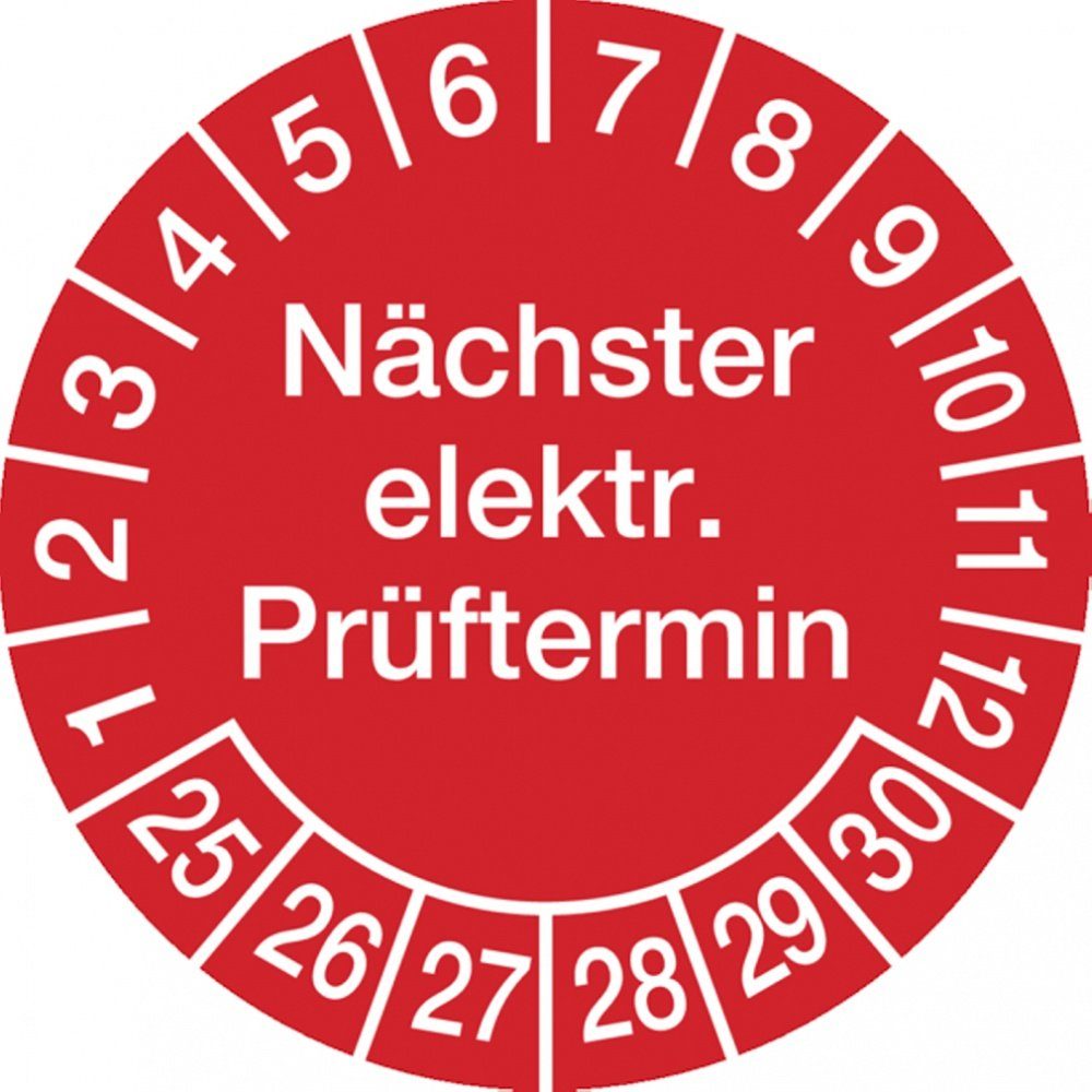 König Werbeanlagen Hinweisschild Prüfplak., nächster elektr. Prüfter., rot/weiß, Folie, Ø30mm ...