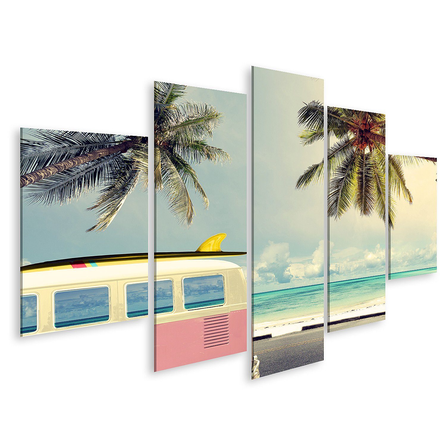 islandburner Leinwandbild Bild auf Leinwand Oldtimer Strand Surfbrett 170x80cm 5-teilig