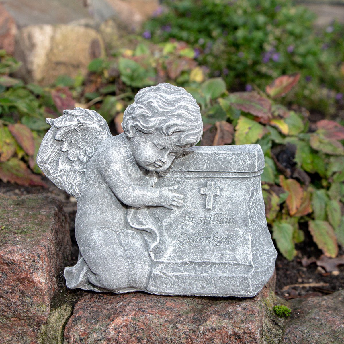 Antikas Gartenfigur Engel, Skulptur, Grab, Steinsockel, Stein, Grau, H ...