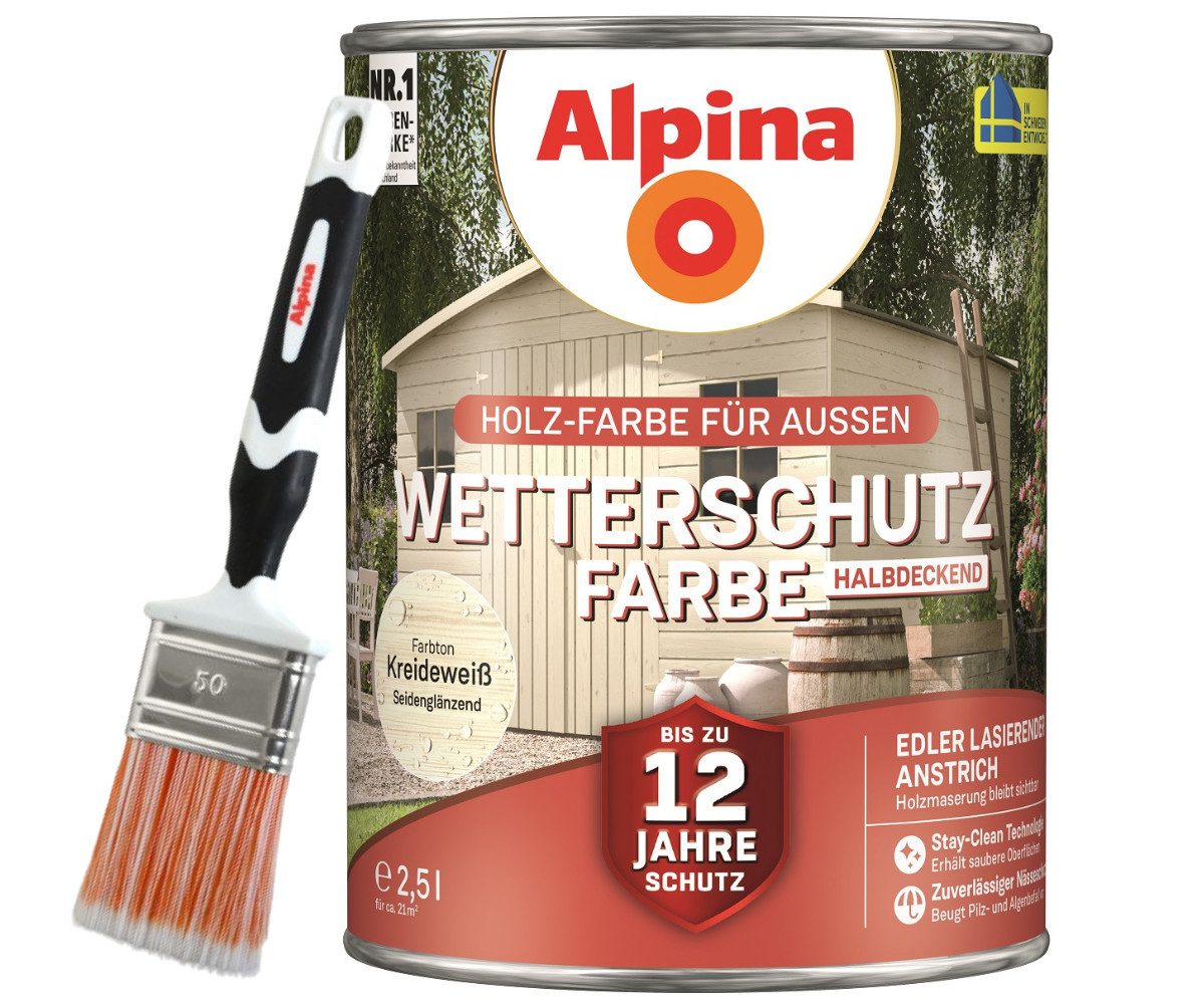 Alpina Holzschutzlasur - Set - Wetterschutz-Farbe halbdeckend 2,5L+Pinsel 50mm, Holzlasur, Lasur