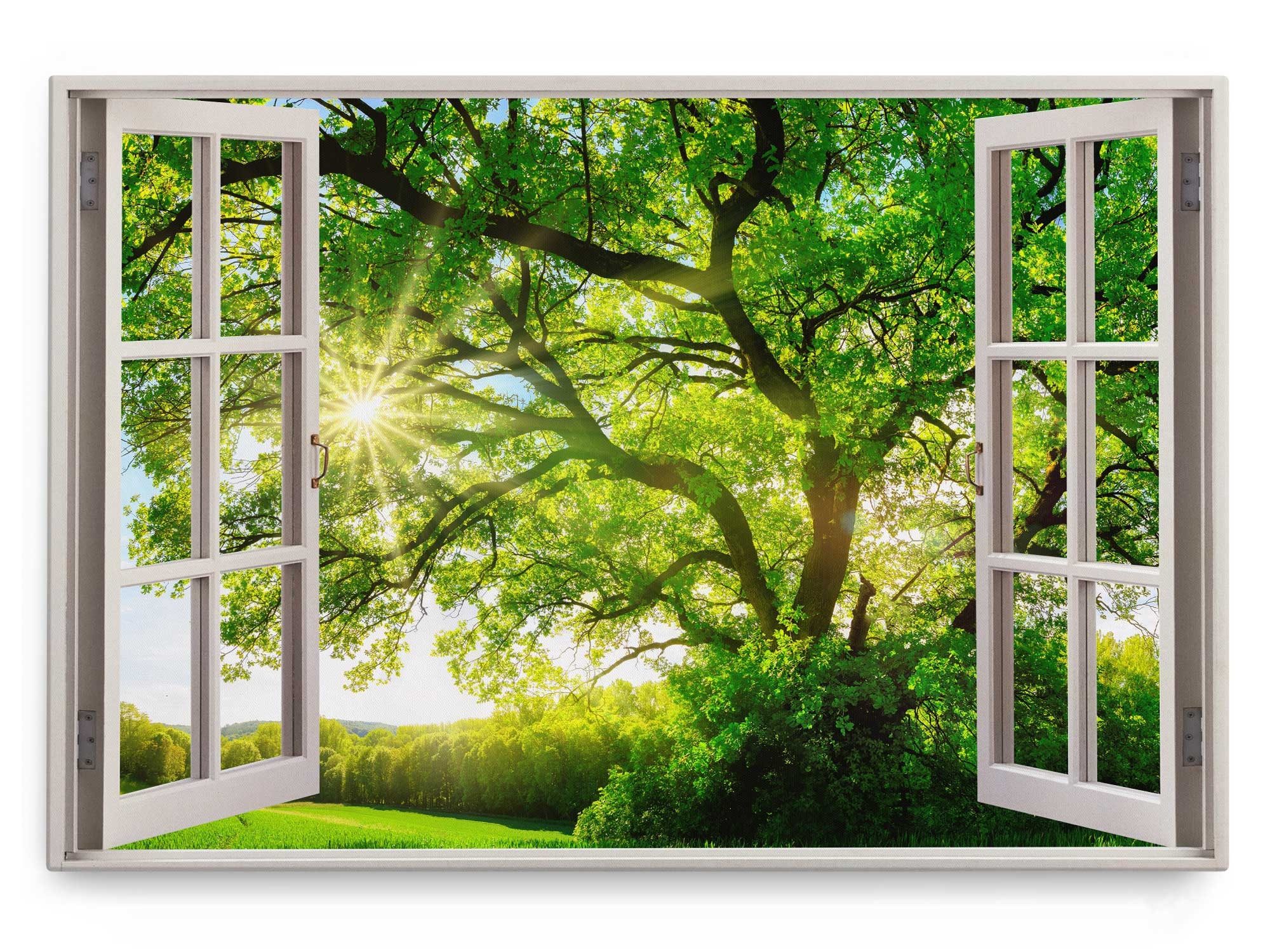 Sinus Art Leinwandbild Wandbild 120x80cm Fensterbild Grüne Baumkrone Baum Natur Landschaft So ...
