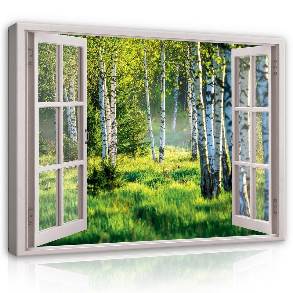 Wallarena Leinwandbild Fensterblick Wald Natur Grün Fenster Wandbild