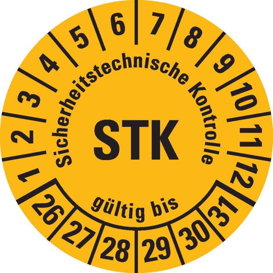 König Werbeanlagen Hinweisschild Prüfplak. STK 26-31,gelb,Folie,m.Spezialkl.Oberflächenschutz ...