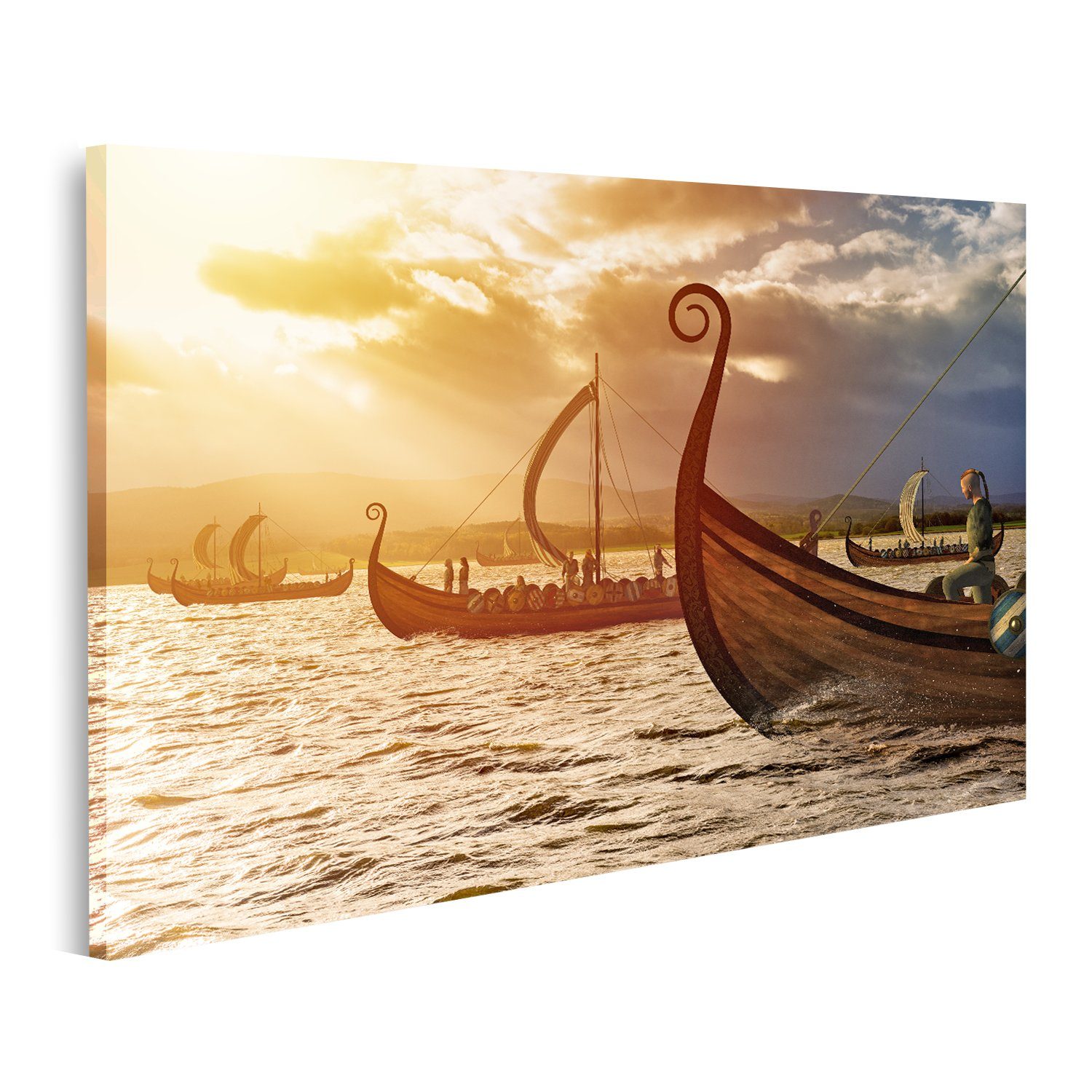 islandburner Leinwandbild Bild auf Leinwand Wikinger Sturm Wikingerschiffe Wasser unter Sonnenli