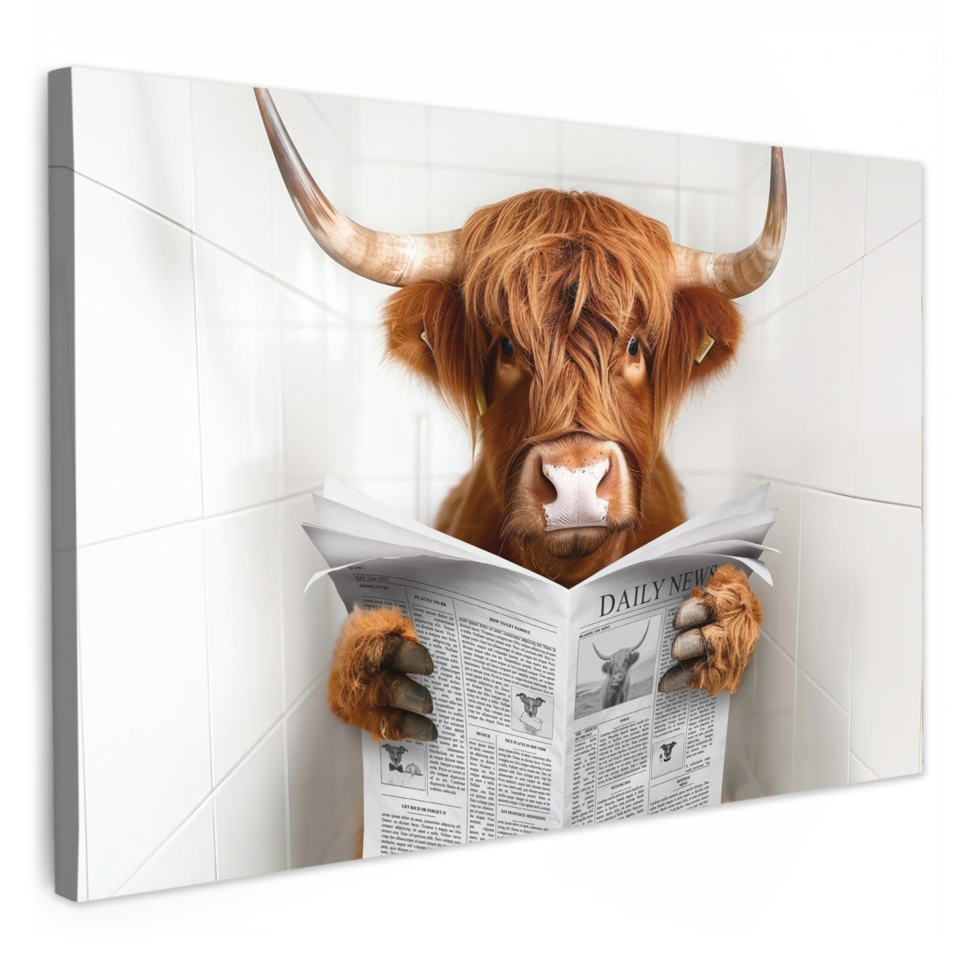 OneMillionCanvasses® Leinwandbild Hochlandbewohner - Tier - Zeitung - Toilette, Fotodruck (1 St ...