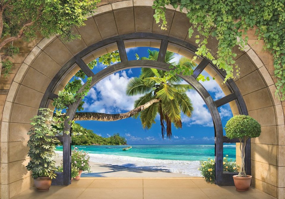 Wallarena Fototapete 3D EFFEKT Fenster Strand Meer Palmen Vlies Tapete ... Wallarena Fototapete 3D EFFEKT Fenster Strand Meer Palmen Vlies Tapete ...