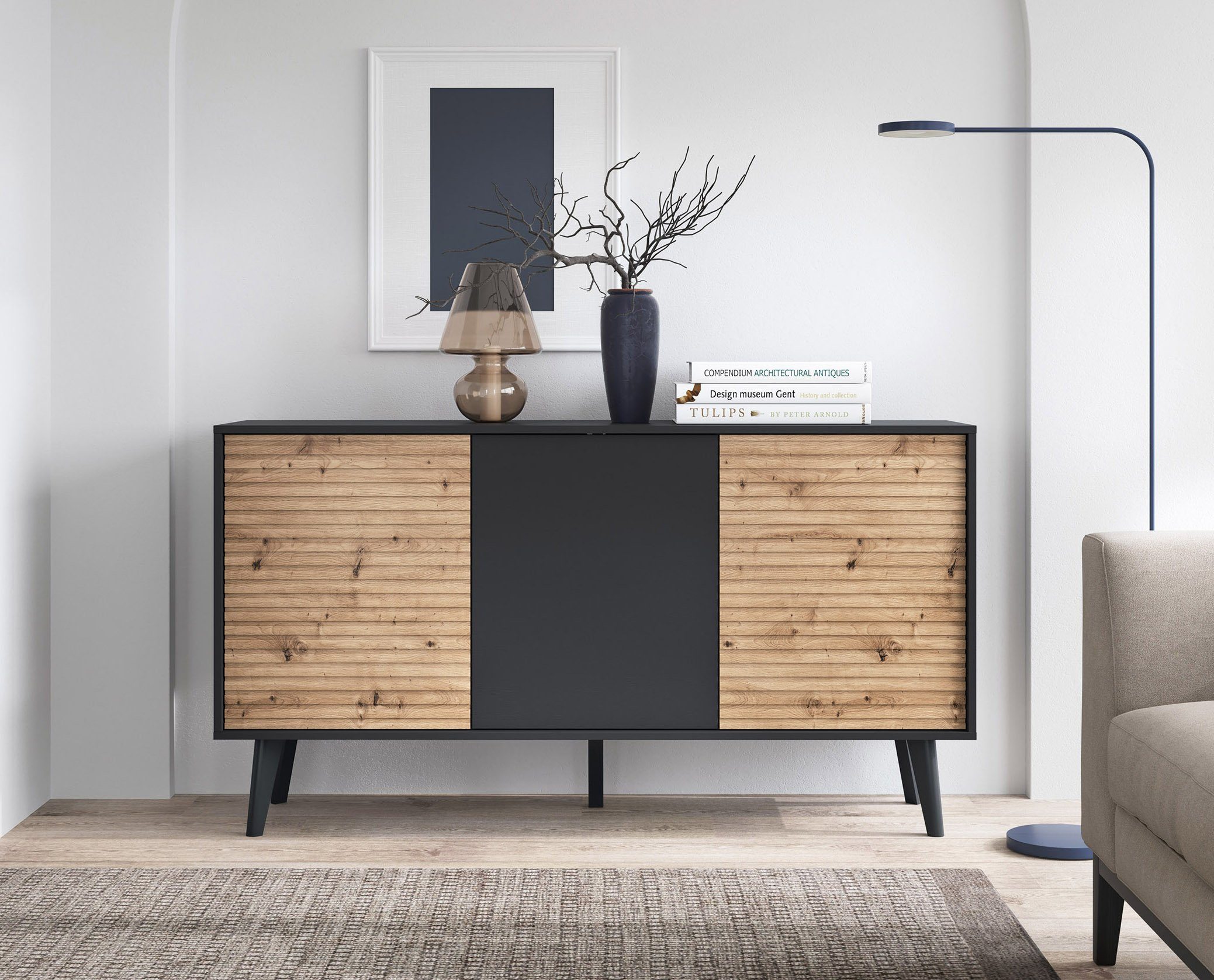 Compleo Sideboard Kommode Abilio Mit 3 Türen Geriffelte Front Loft Stil