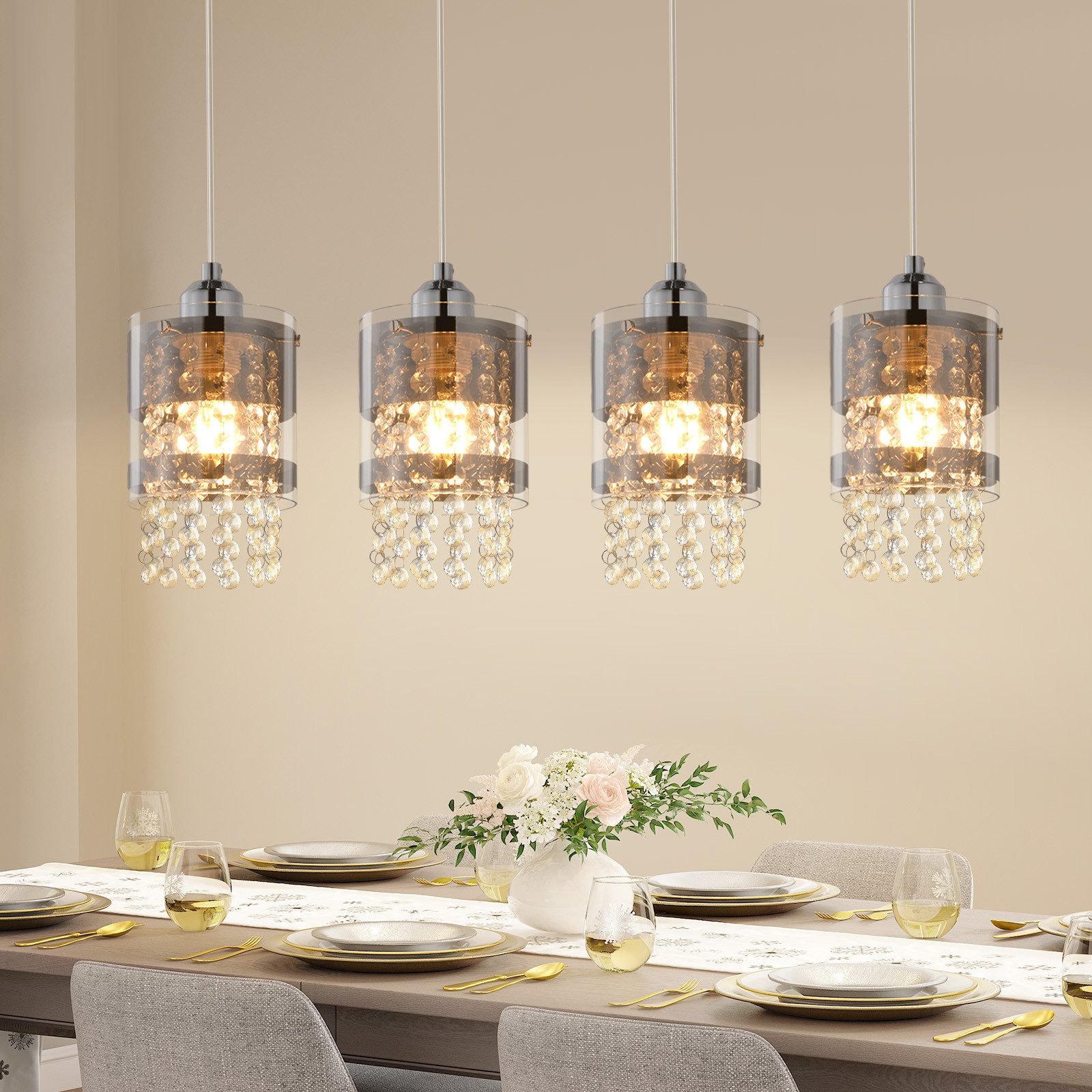 Nettlife Pendelleuchte Esstisch Kristall 4 Flammig Modern E27