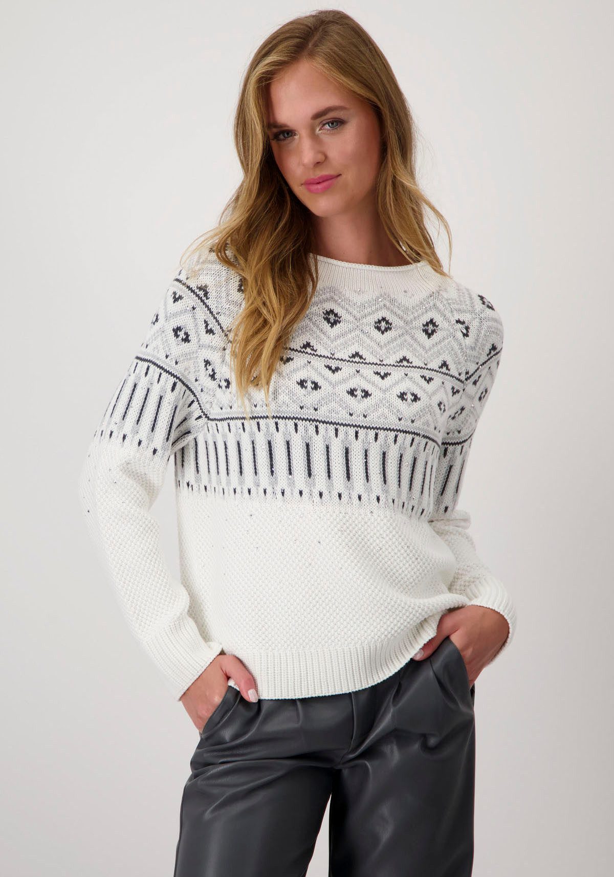 Monari Rundhalspullover mit Norwegermuster, Trendiger Pullover mit Norwegermuster von Monari
