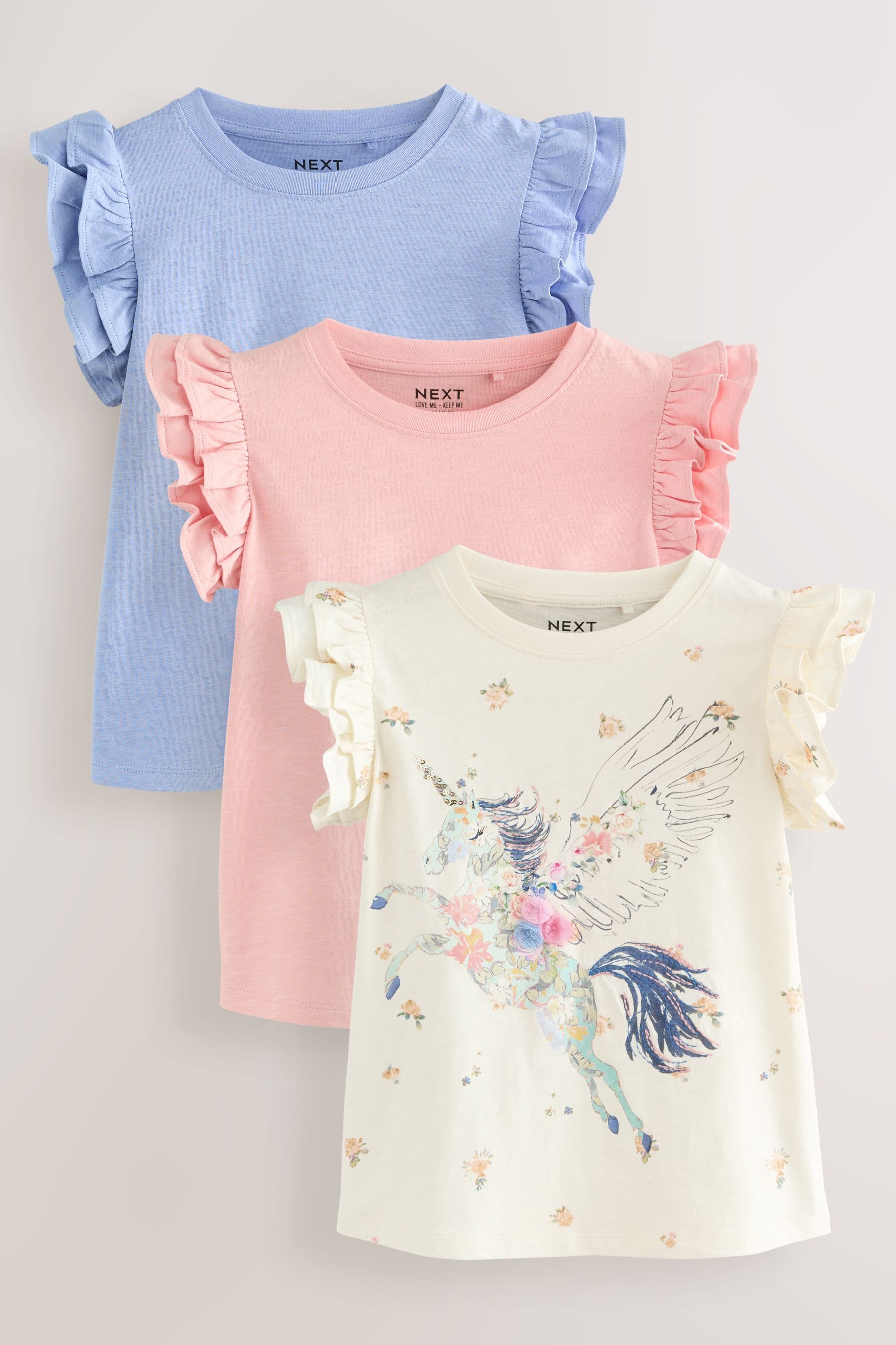 Next T-Shirt 3er-Pack Einhorn T-Shirts mit Rüschenärmeln (3-tlg)