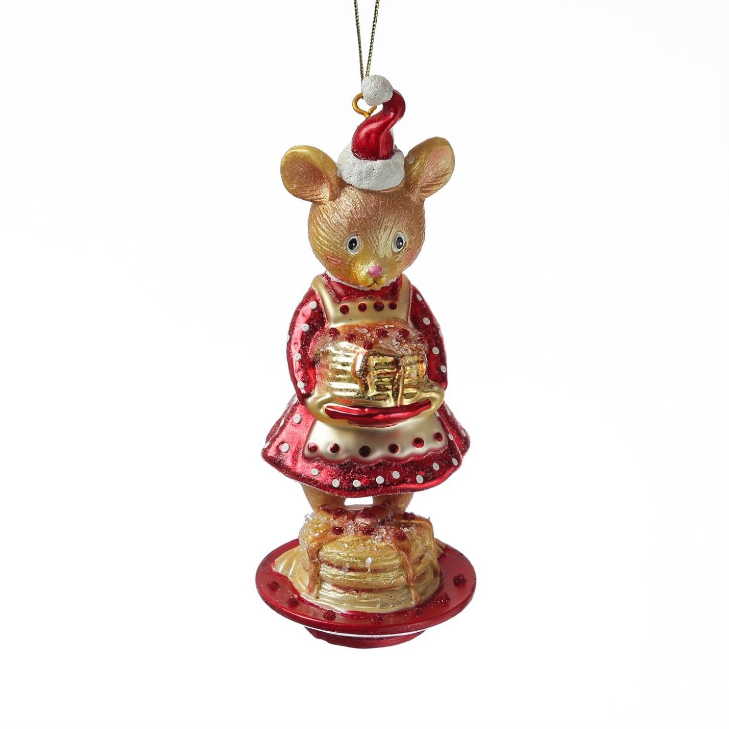 MARELIDA Christbaumschmuck Weihnachtsbaumschmuck süße Maus mit Pfannkuchen Bäckerei Glas H: 15cm