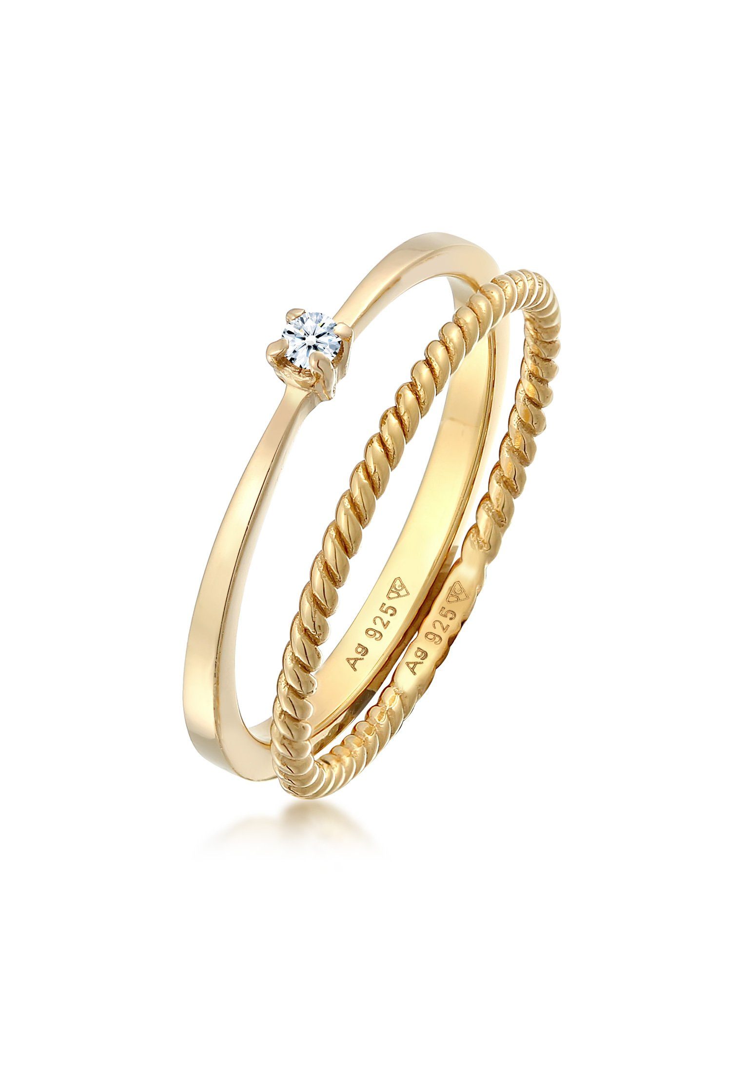 Elli DIAMONDS Diamantring Diamant (0.03 ct) Kordel 2er Ring Set 925 Silber