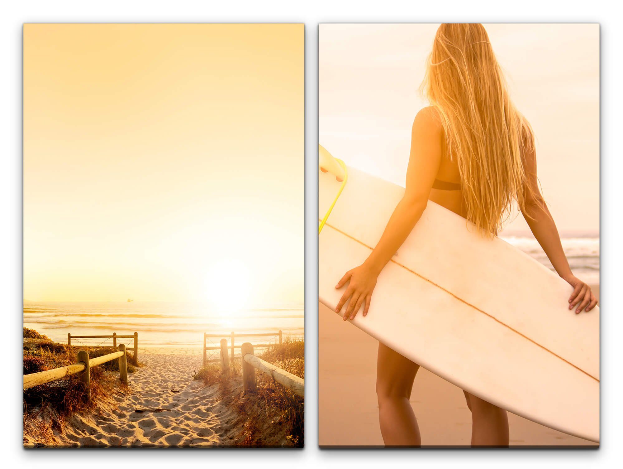 Sinus Art Leinwandbild 2 Bilder Je 60x90cm Sandstrand Surferin Bikini