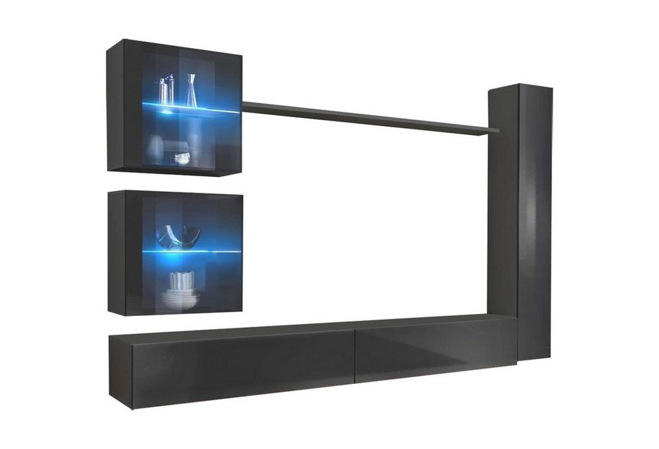 Jvmoebel Wohnwand Luxus Komplett Wohnwand Grau Möbel Designer Set
