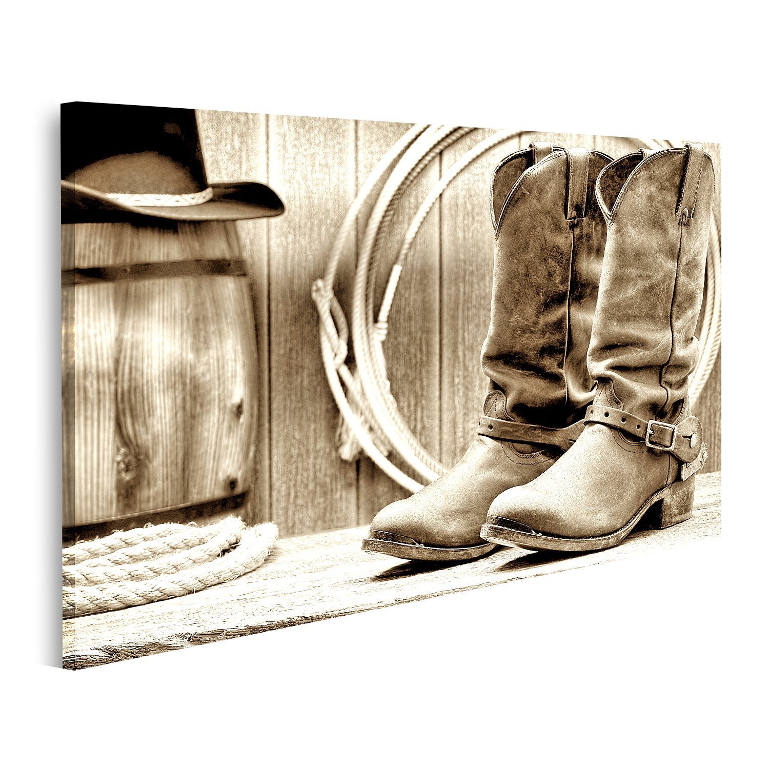 islandburner Leinwandbild Bild auf Leinwand Amerikanischer Westen Rodeo Cowboystiefel Alte Ranch