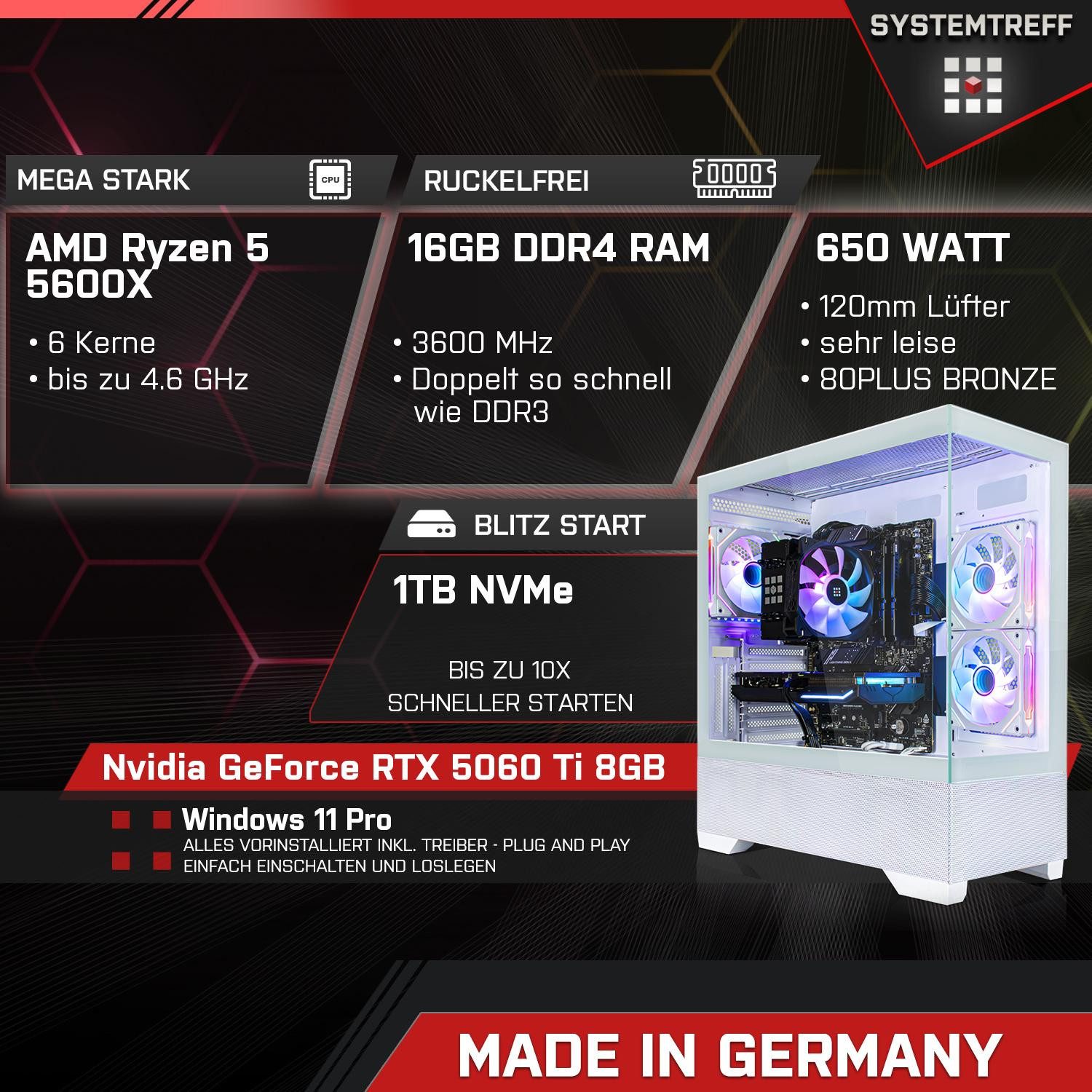 SYSTEMTREFF Gaming-PC (AMD Ryzen 5 5600X, GeForce RTX 4060 Ti, 16 GB ...