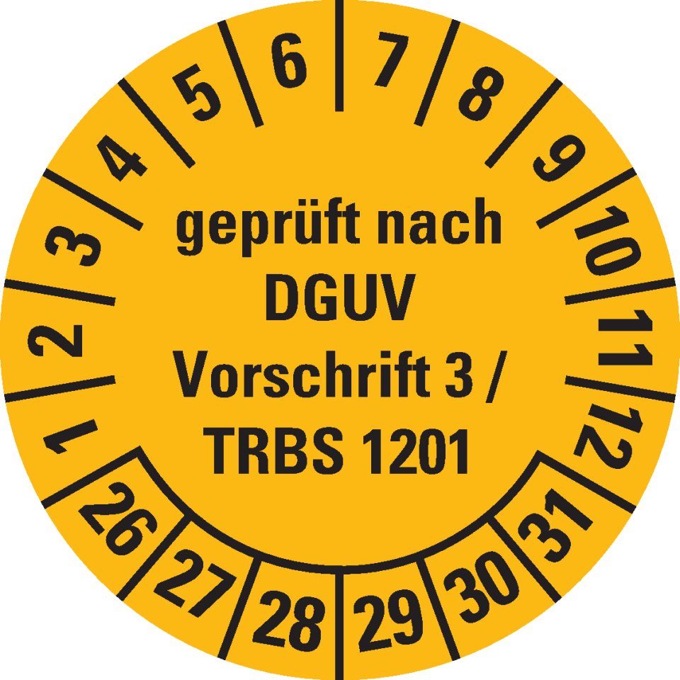 König Werbeanlagen Hinweisschild Prüfplakette DGUV Vorschrift 3/TRBS 1201,26-31,gelb,Dokufolie ...