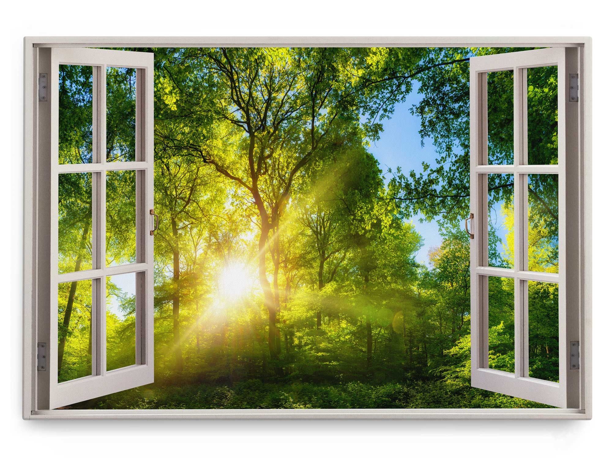 Sinus Art Leinwandbild Wandbild 120x80cm Fensterbild Sonnenstrahl Baumkronen Sonnenuntergang, (1 St)