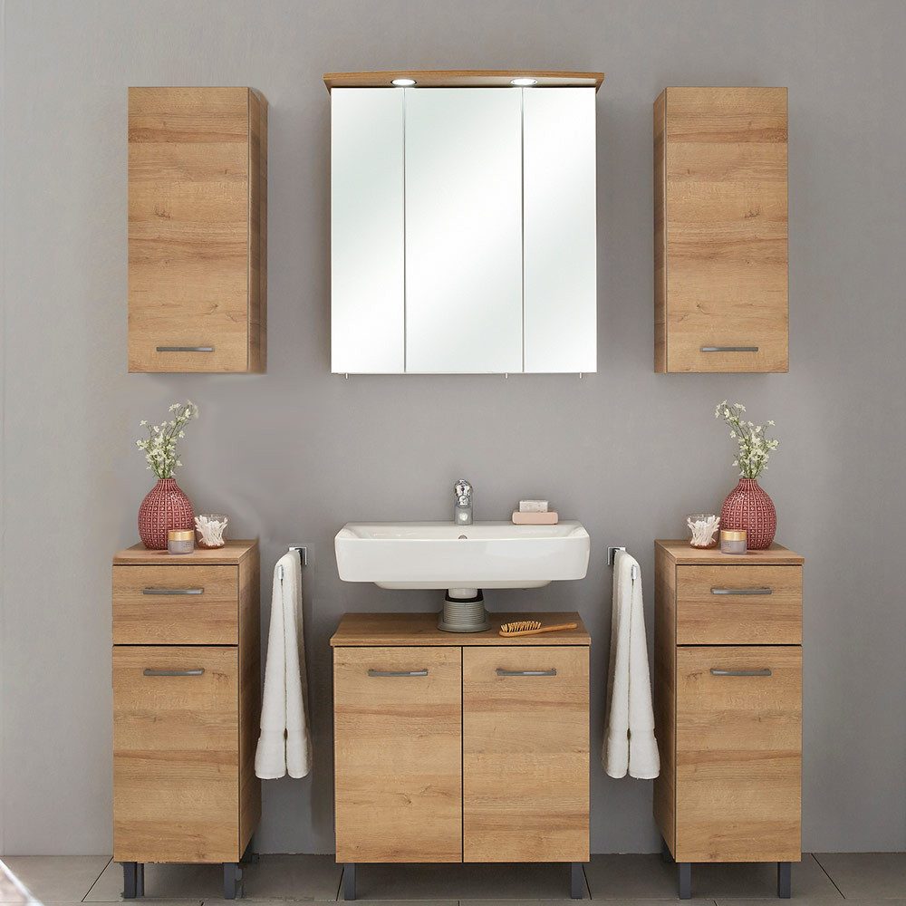 Lomadox Badmöbel-Set RECIFE-66, (Spar-Set, 6-St), 5-tlg. in Eiche Riviera Spiegelschrank mit LED ...