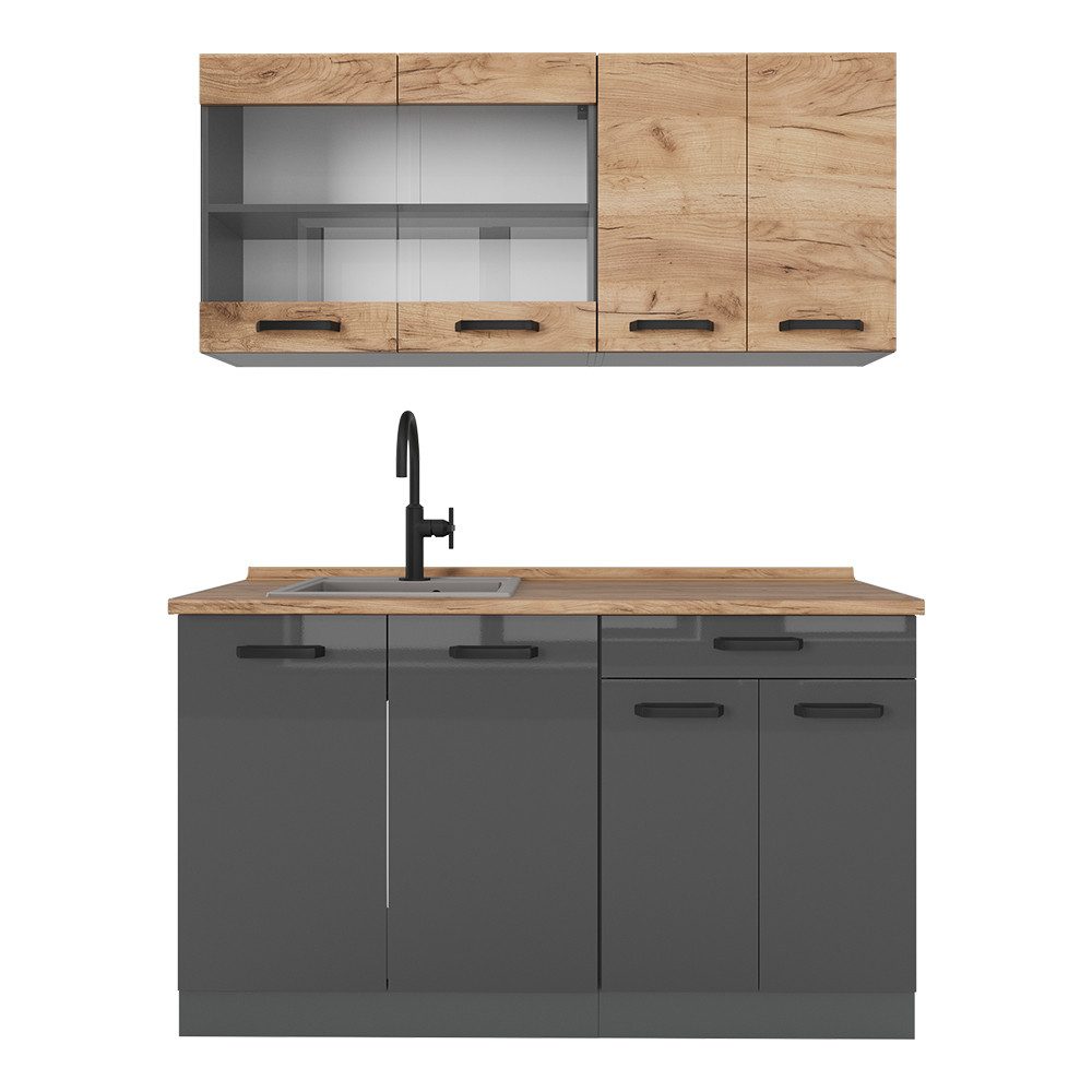 Vicco Küchenzeile R-Line, Goldkraft Eiche/Anthrazit, 140 cm, AP Eiche