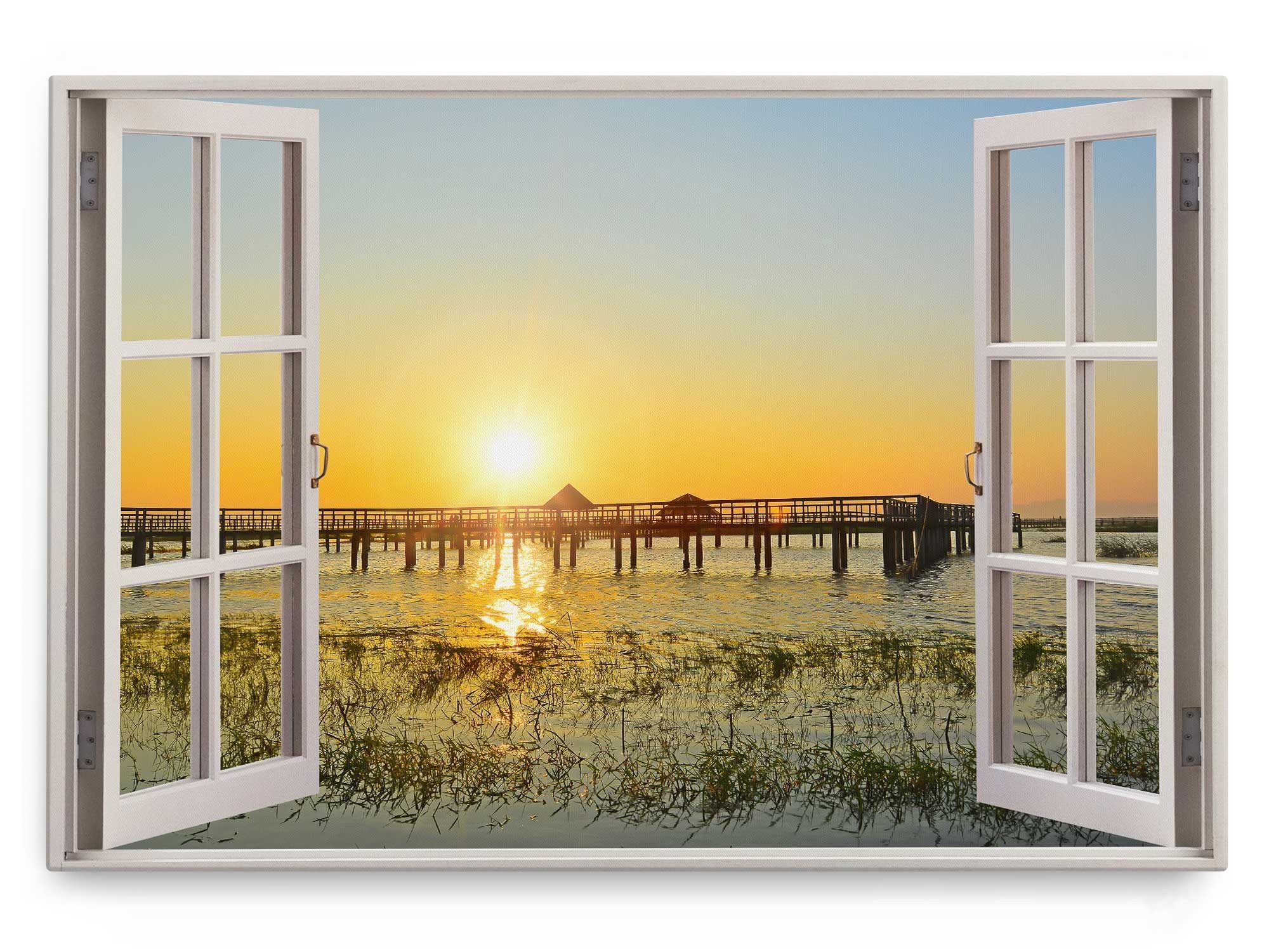 Sinus Art Leinwandbild Wandbild 120x80cm Fensterbild Traumstrand Sonnenuntergang Steg Horizon ...