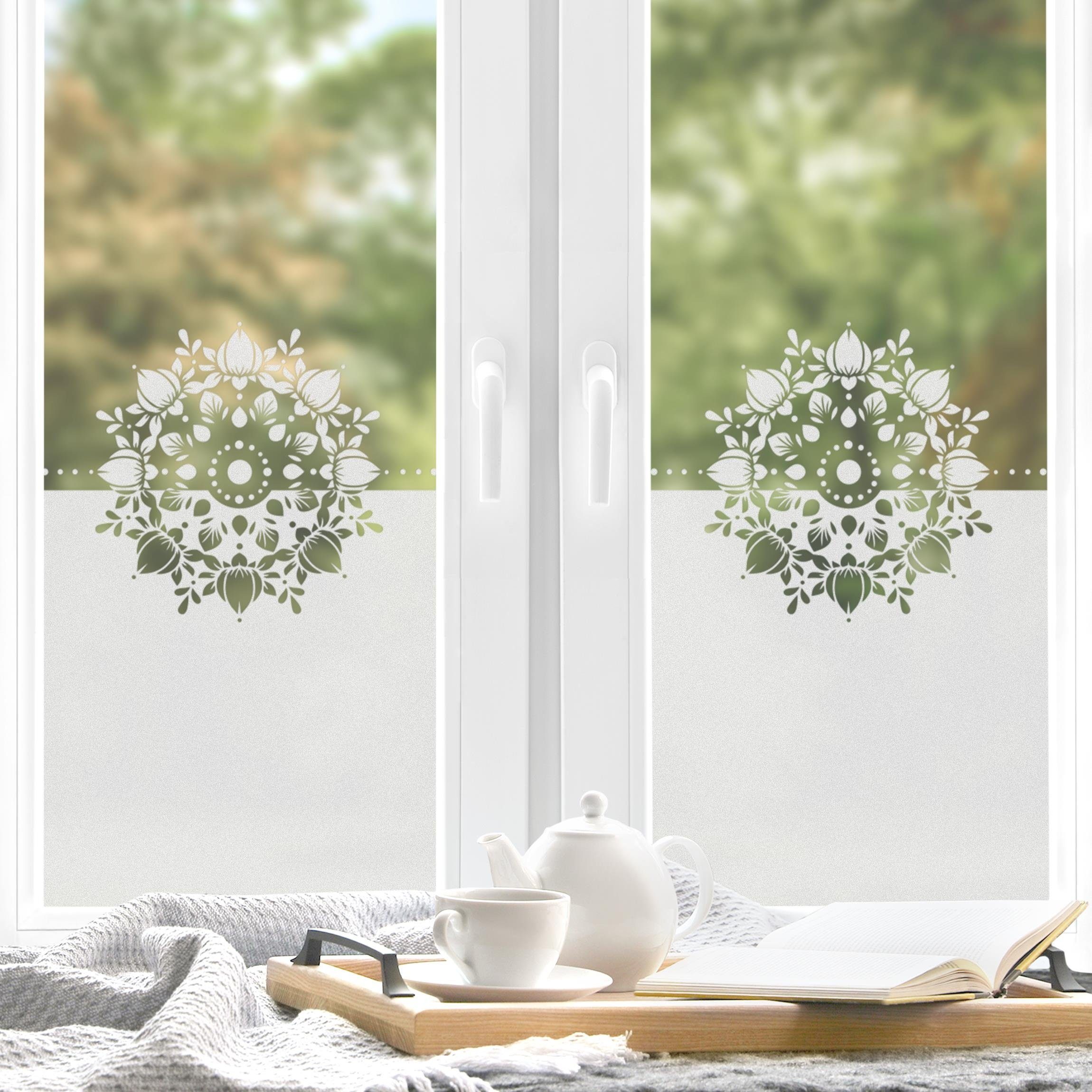Bilderdepot24 Fensterfolie statisch haftend Motiv Fensterdeko Lotus Mandala Bordüre Punkte ...