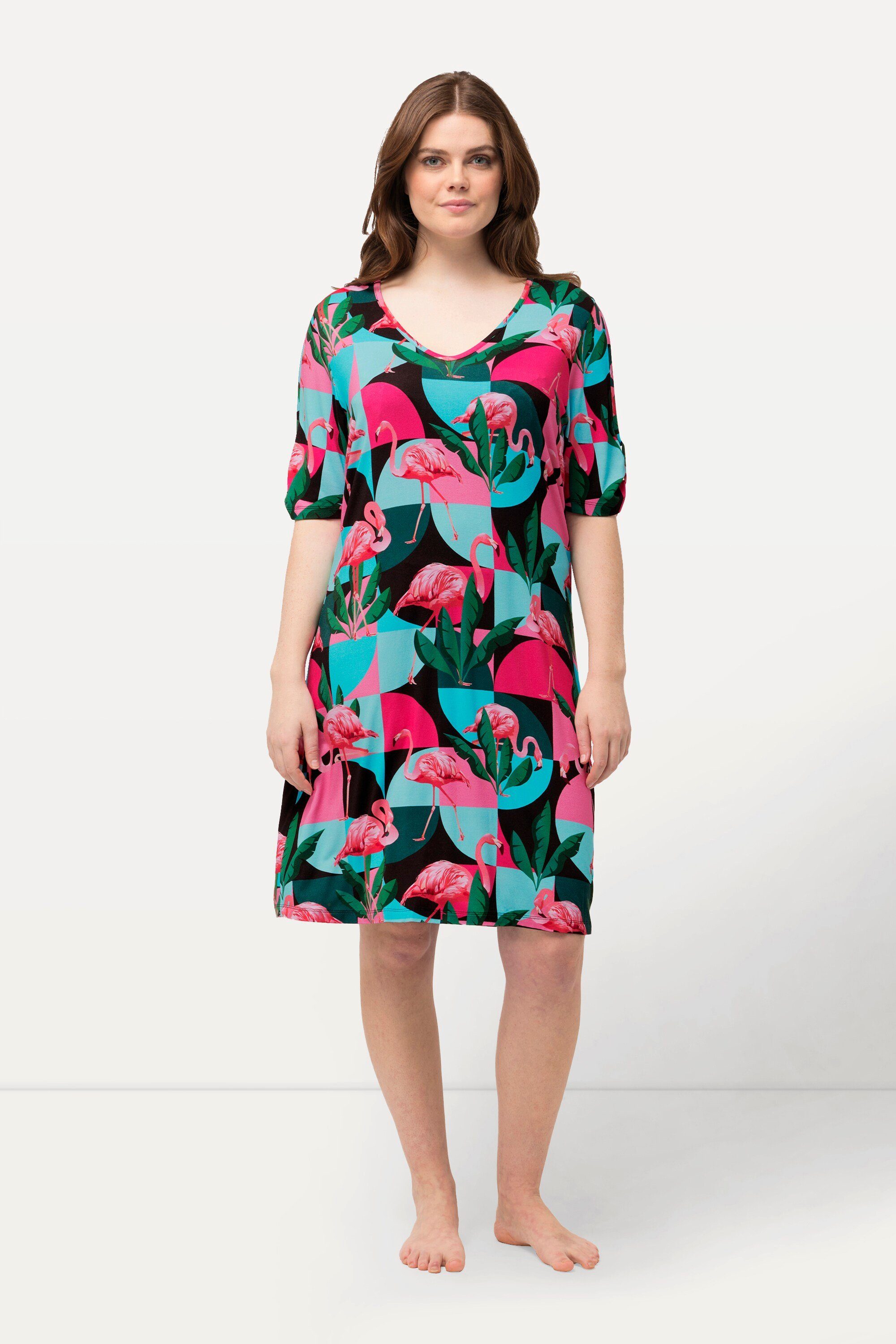 Ulla Popken Midikleid Jerseykleid Flamingos A Linie V Ausschnitt Halbarm