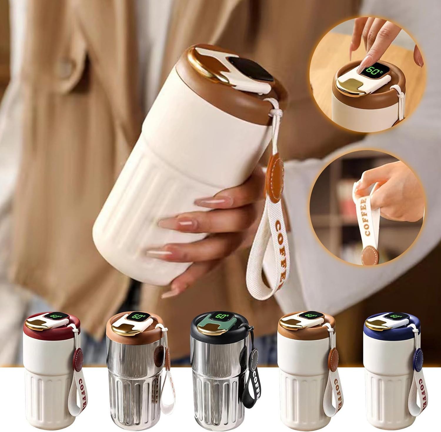 Coonoor Thermobecher Kaffeebecher to Go Digitalanzeige Thermosflaschen 450ml, 316 Edelstahl ...