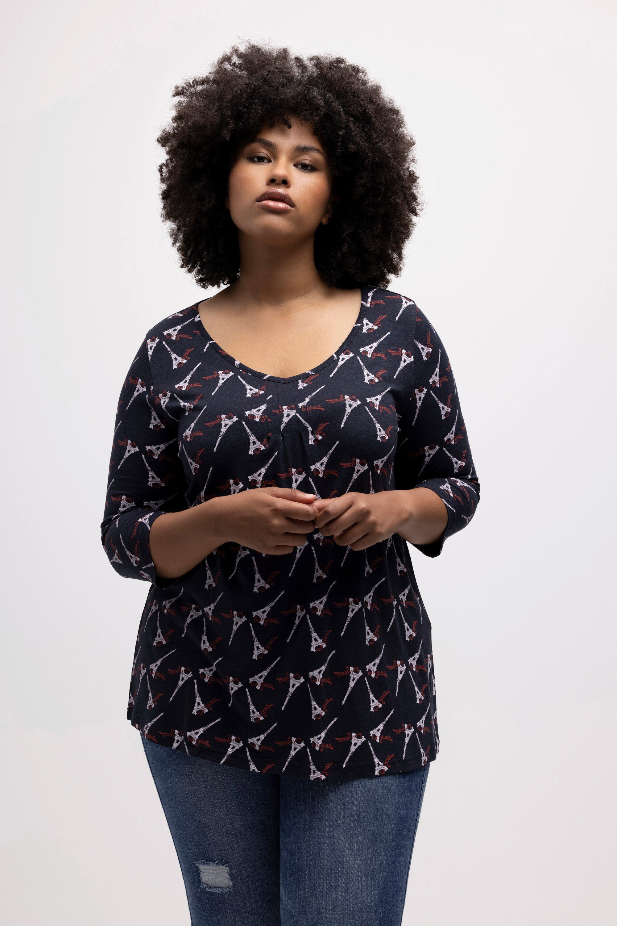 Ulla Popken Rundhalsshirt Shirt Eiffelturm A Linie V Ausschnitt 34 Arm