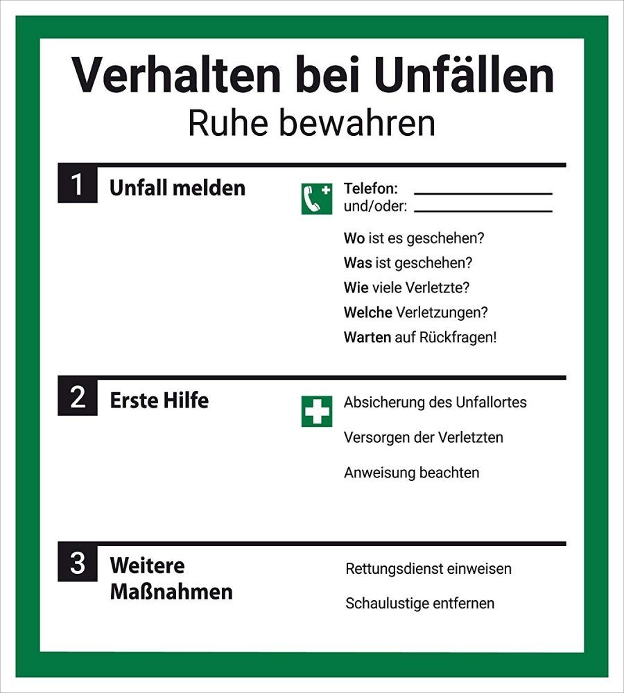 König Werbeanlagen Hinweisschild Schild Aushang Verhalten bei Unfällen 18x20cm PVC-Aufkleber ISO ...