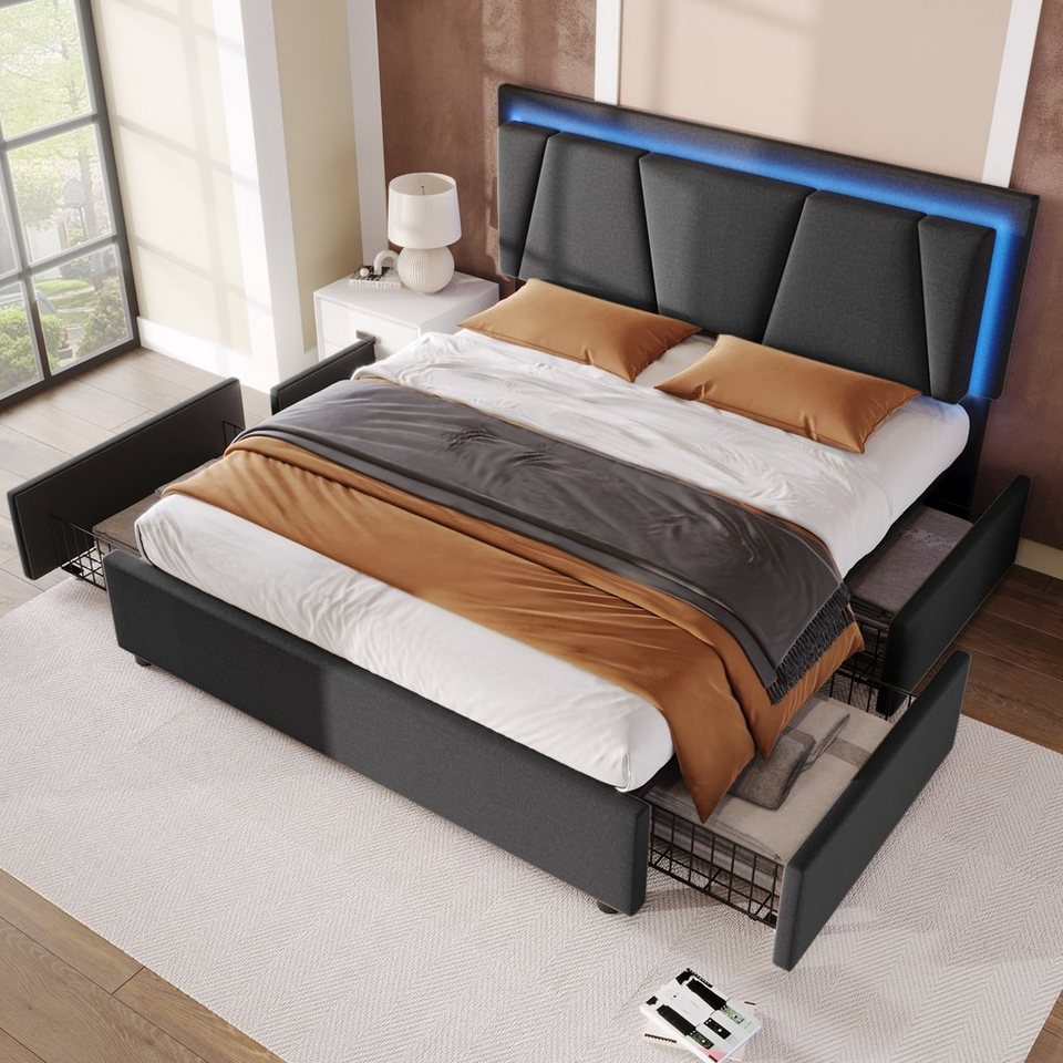 Odikalo Stauraumbett Polsterbett Doppelbett 16 Farben Led 4 Schubladen