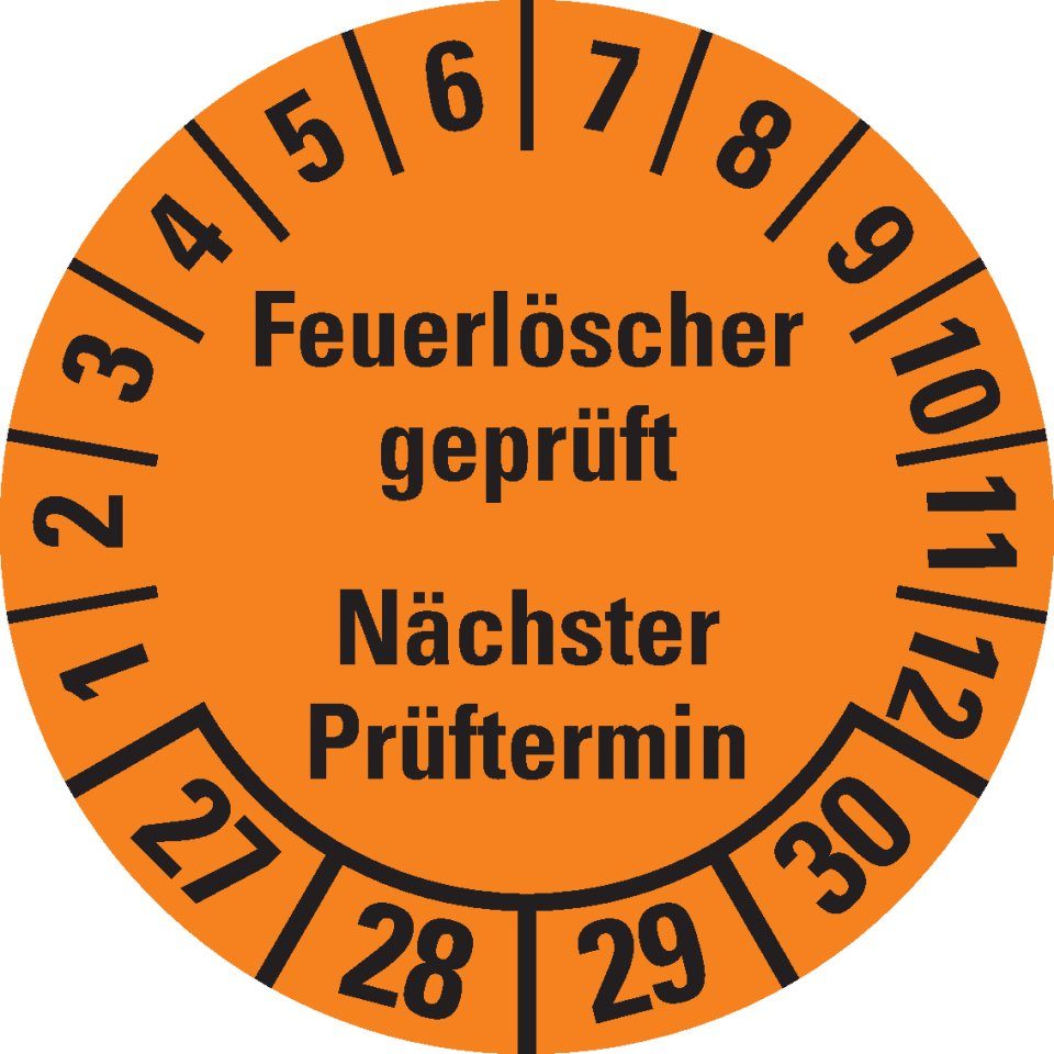 Dreifke Hinweisschild Dreifke® Prüfplakette Feuerlöscher geprüft,NP,27-30,orange,Dokufolie,Ø ...