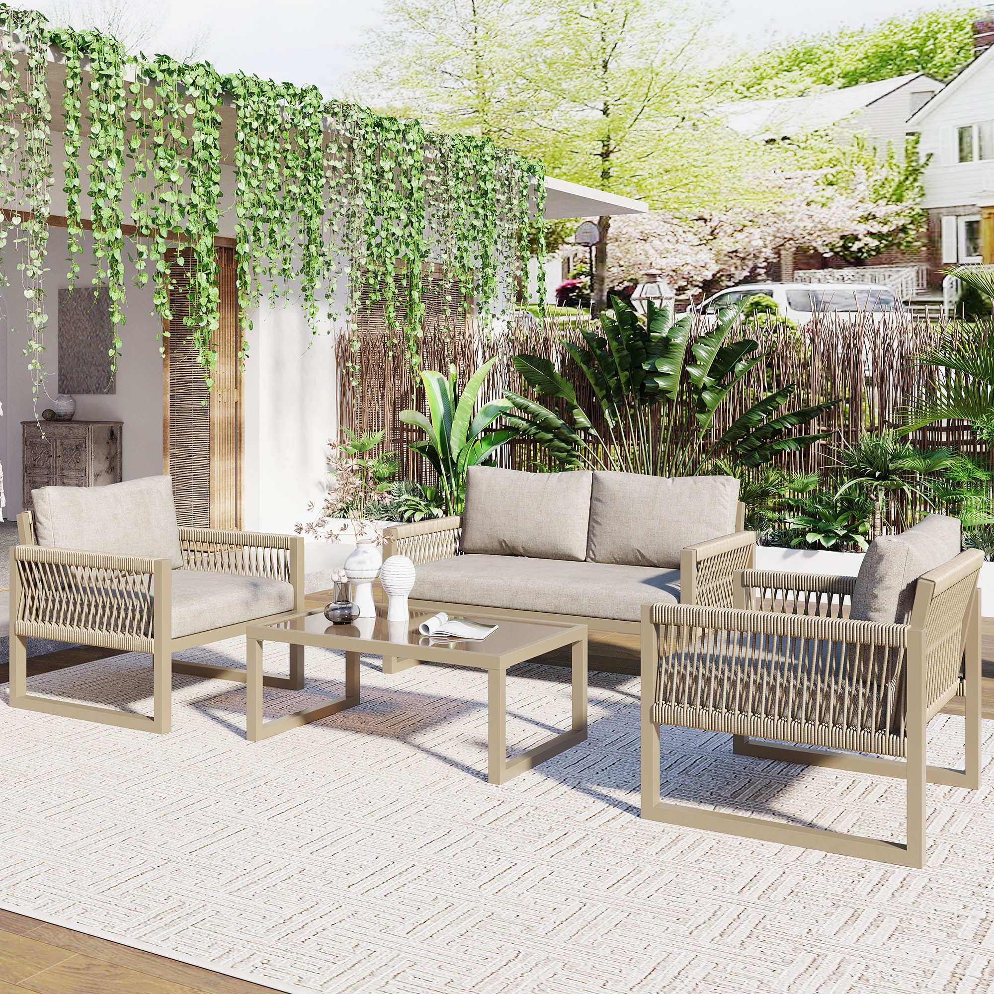 Merax Gartenlounge Set fur 4 Personen mit Stahlrahmen 4 tlg. 1 2 Sitzer 2 Sessel 1 Couchtisch Gartenmobel Set Rope Seil Geflecht Loungeset Sitzgruppe