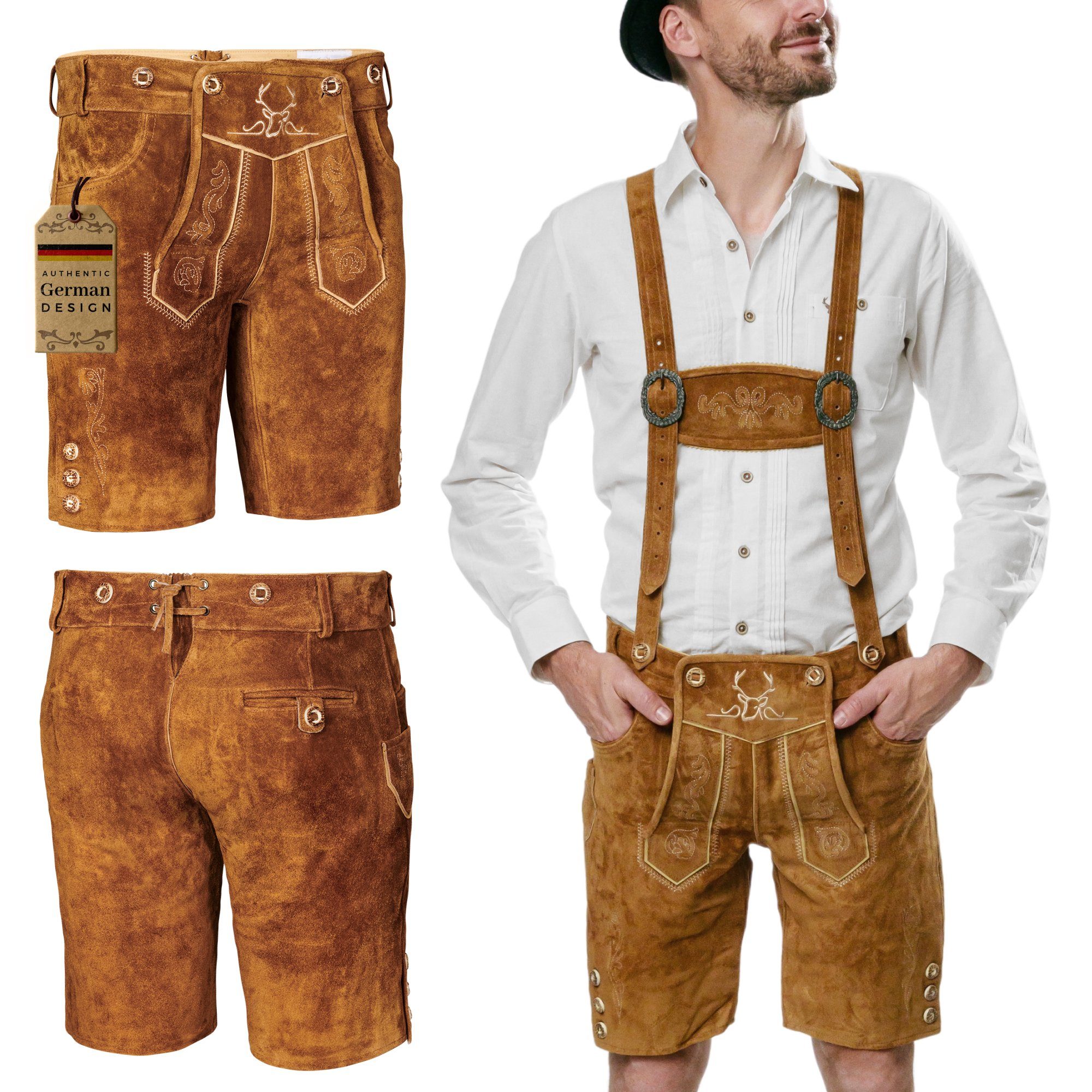 BAVARIA TRACHTEN Trachtenhose Lederhosen Tracht Herren kurz - Echtleder hellbraun Größen 46 bis ...