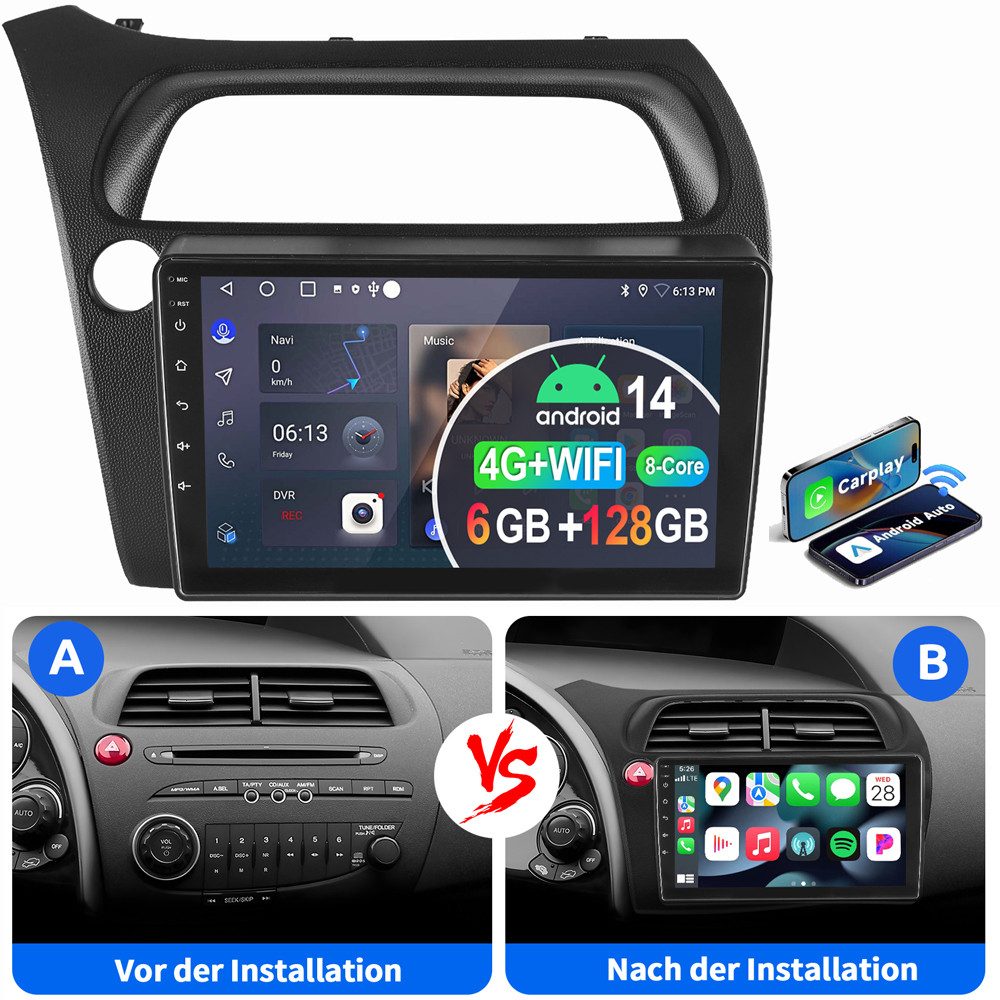 ESSGOO Für Honda Civic VIII Hatchback 2006-2011 6+128G Android 15 ...