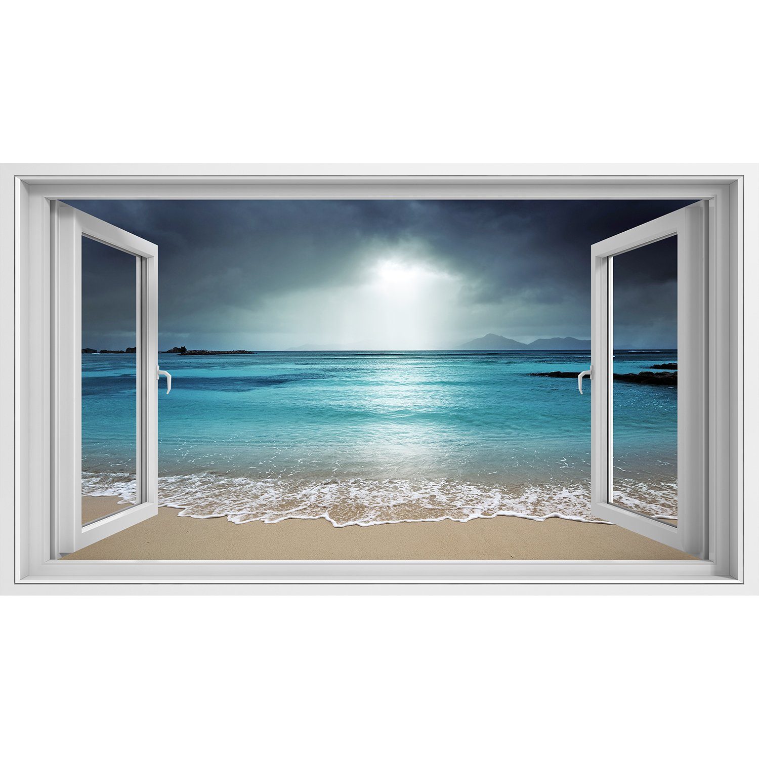 islandburner Leinwandbild Fensterblick Dunkler Himmel am Strand der Insel La Digue auf den Seych