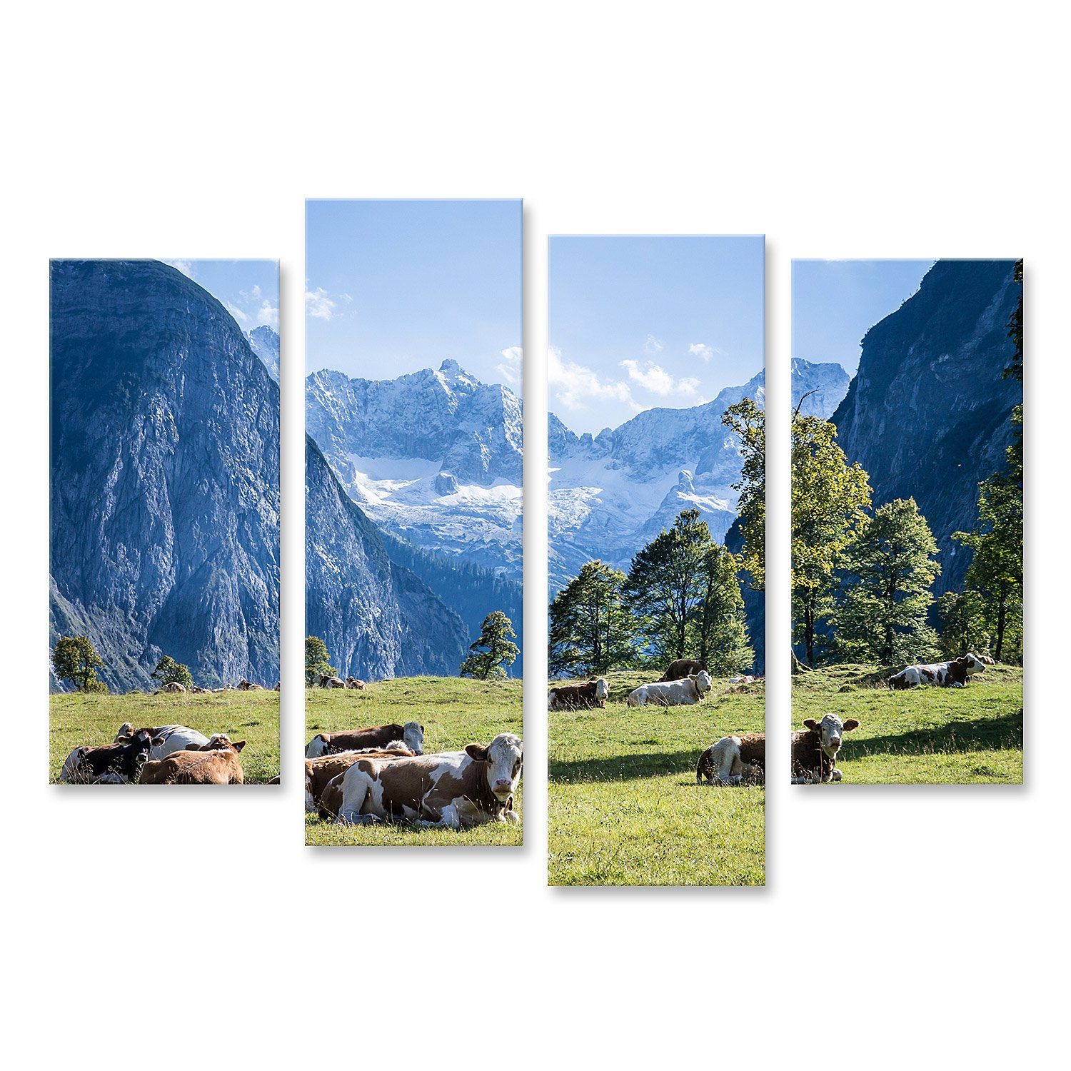 islandburner Leinwandbild »Bild auf Leinwand Kühe auf Wiese in den Bergen Alpen Kuhwiese ...