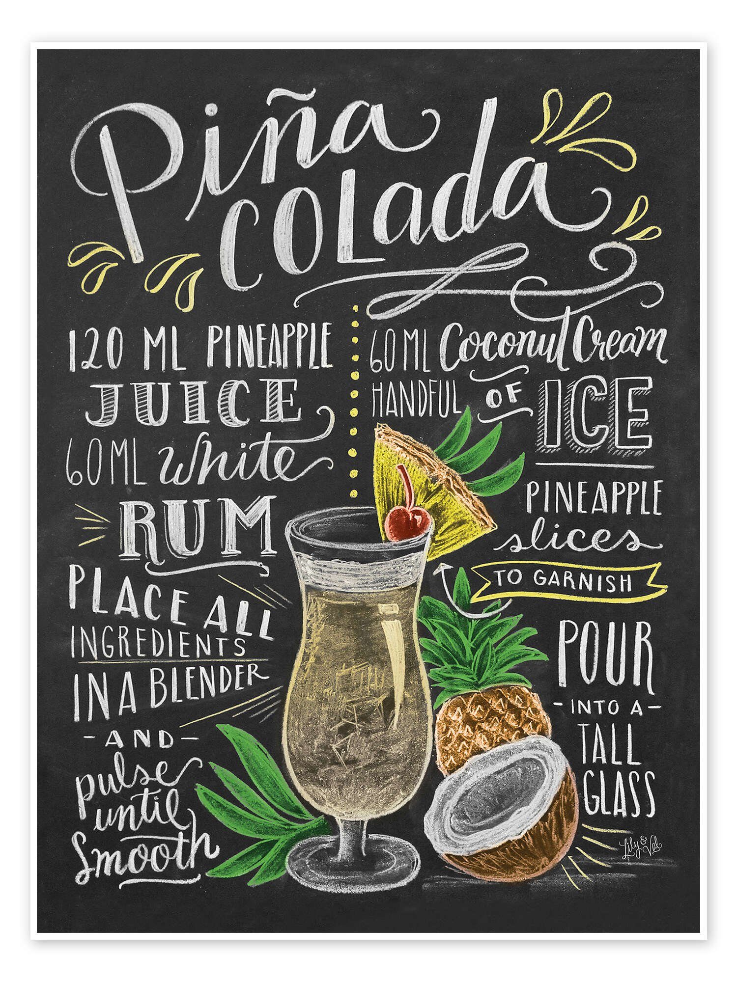 Posterlounge Poster Lily & Val, Piña Colada Rezept (Englisch), Wohnzimmer Illustration