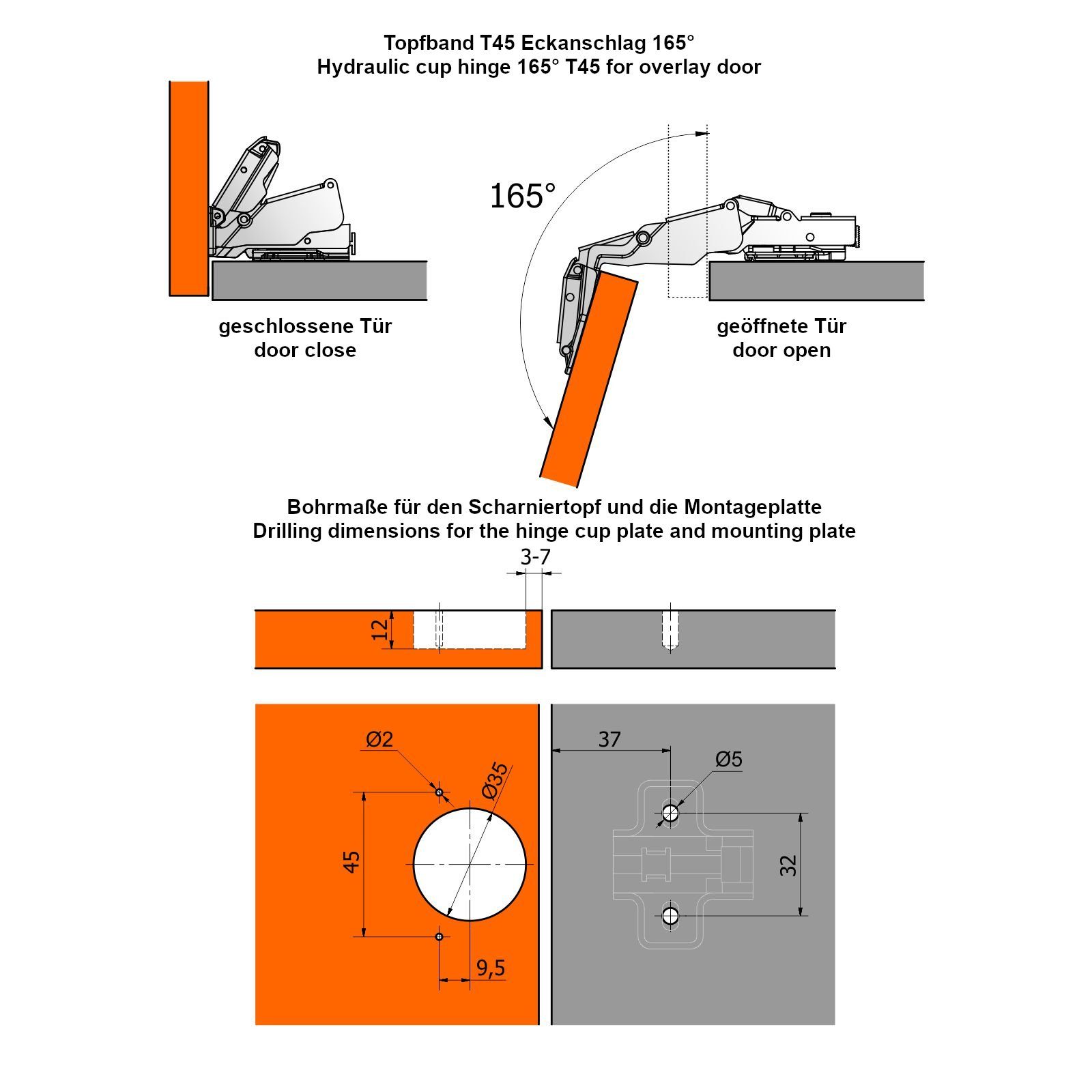 SO-TECH® Möbelbeschlag Weitwinkelscharniere T45 Weitwinkel-Topfband mit ...