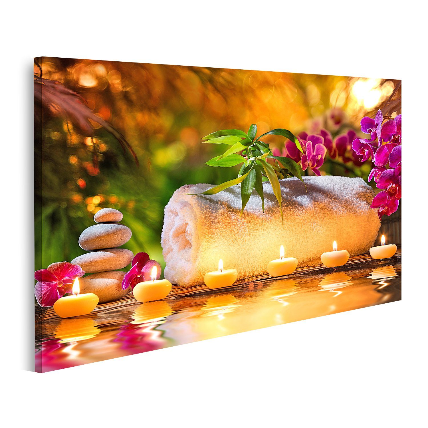 islandburner Leinwandbild Bild auf Leinwand Spa-Massage im Garten Kerzen und Wasser Wandbild Pos