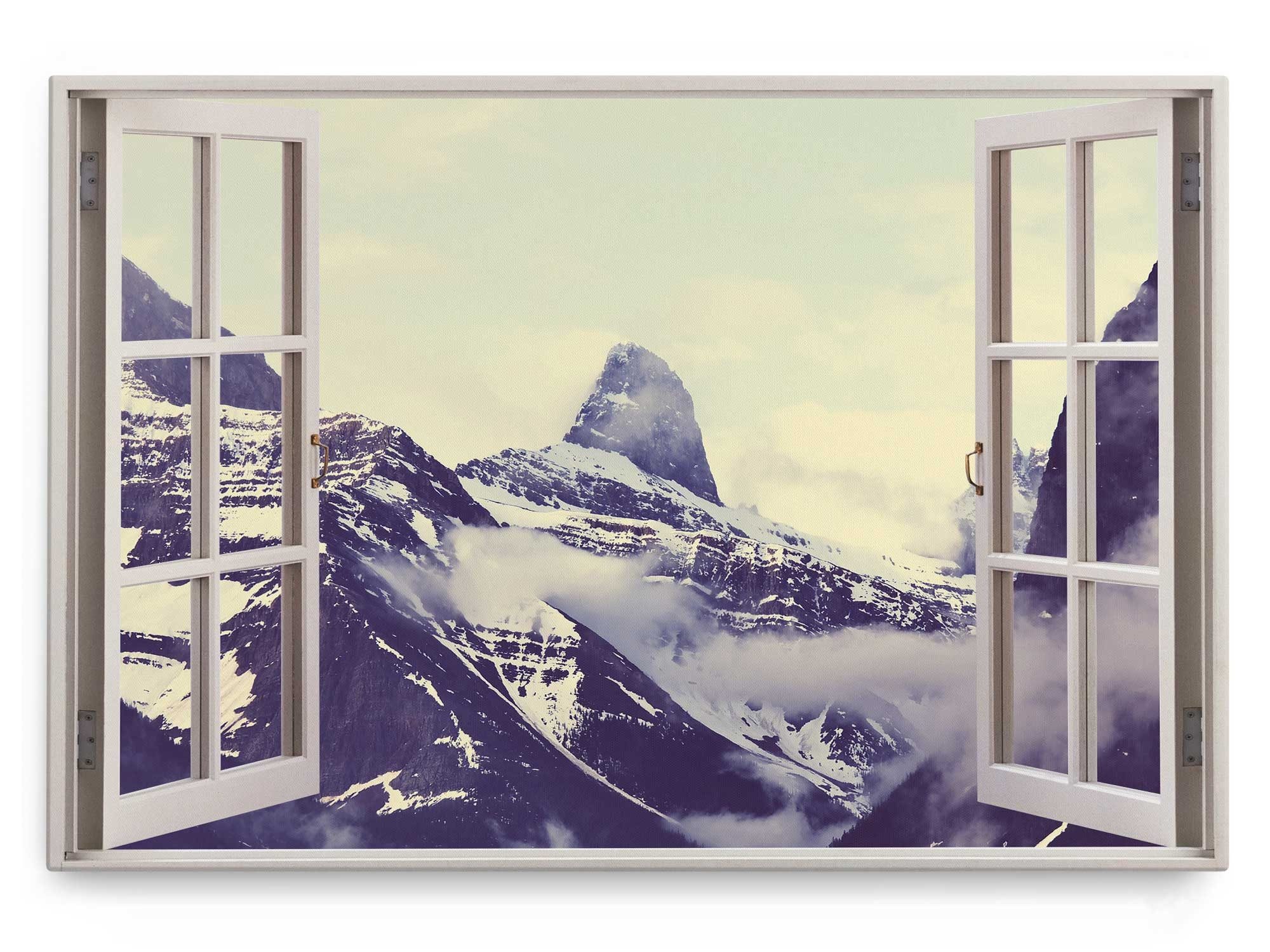 Sinus Art Leinwandbild Wandbild 120x80cm Fensterbild Berggipfel Schnee Berge Wolken Nebel, (1 St)