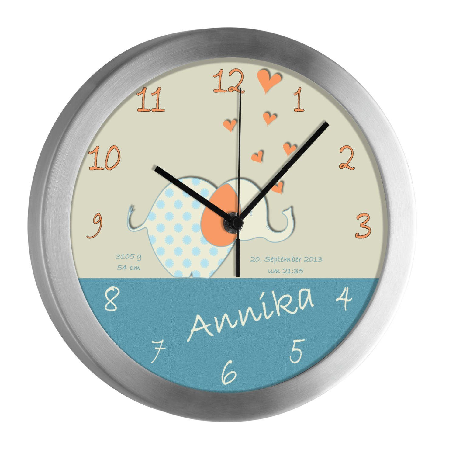 CreaDesign Funkwanduhr Kinderzimmer Kinder Wanduhr Elefant orange blau personalisiert (Funkuhrwerk)