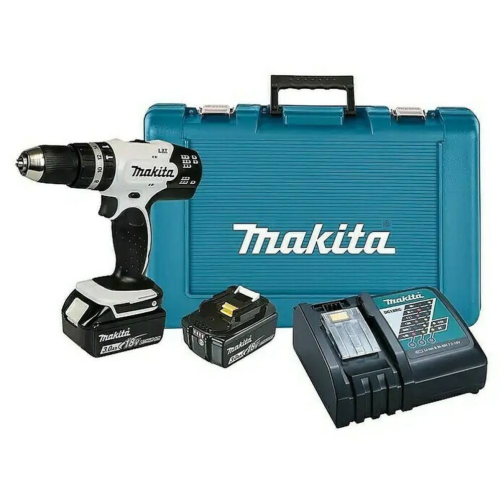 Makita Akku-Bohrschrauber DHP453RFEW, 18 V, max. 1300 U/min, (Komplett-Set, inkl. 2x 18 Volt 3.0 ...