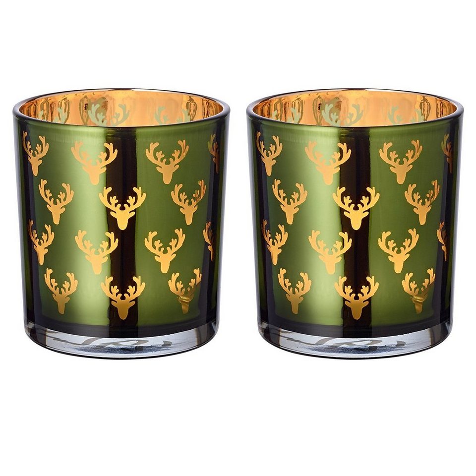 Edzard Windlicht Dirk 2er Set Glas Hirsch Motiv Grün Und Gold H 8