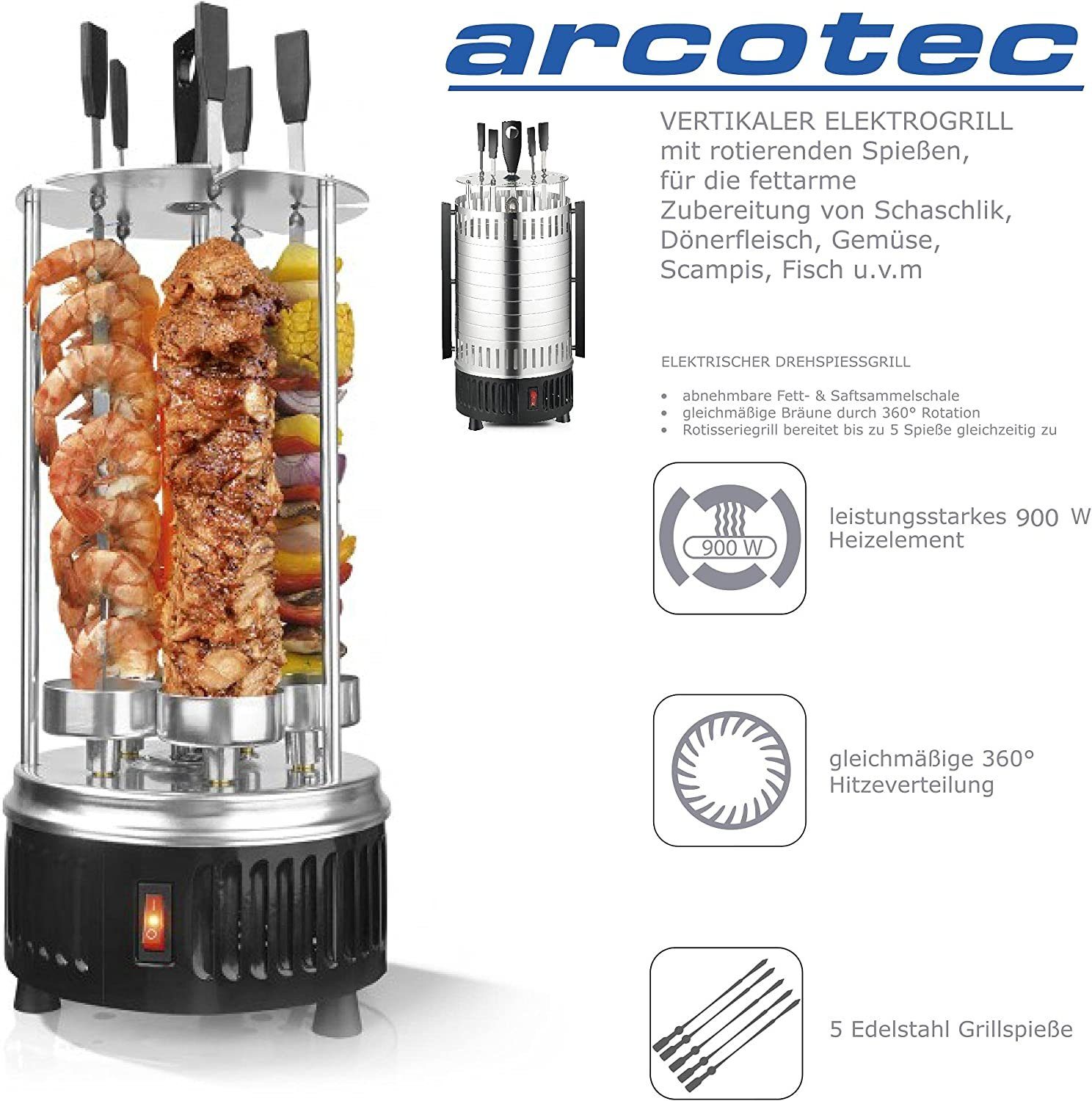 @tec Tischgrill BBQ Vertikalgrill 900W, Edelstahl BBQ Elektro Tisch ...