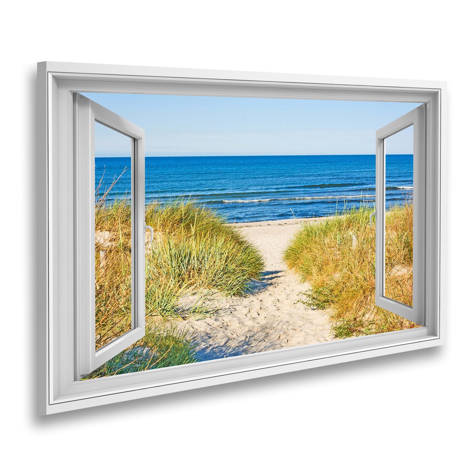 islandburner Leinwandbild Fensterblick Strand Zugangsweg zur Ostsee mit Marram Gras an der Seite