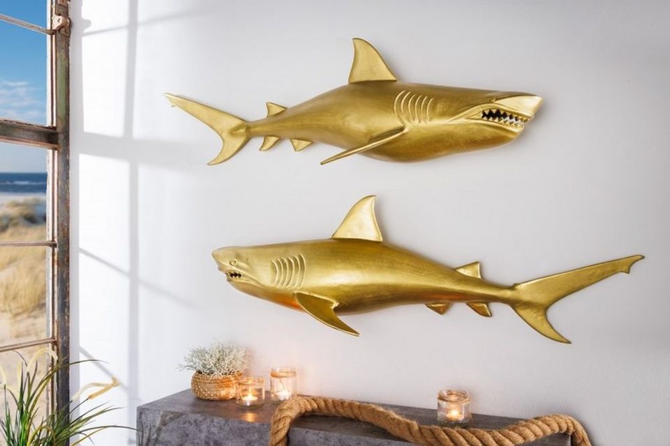 Lebenswohnart Dekoobjekt Wanddeko 2er Set Haifisch 70cm Shark Gold