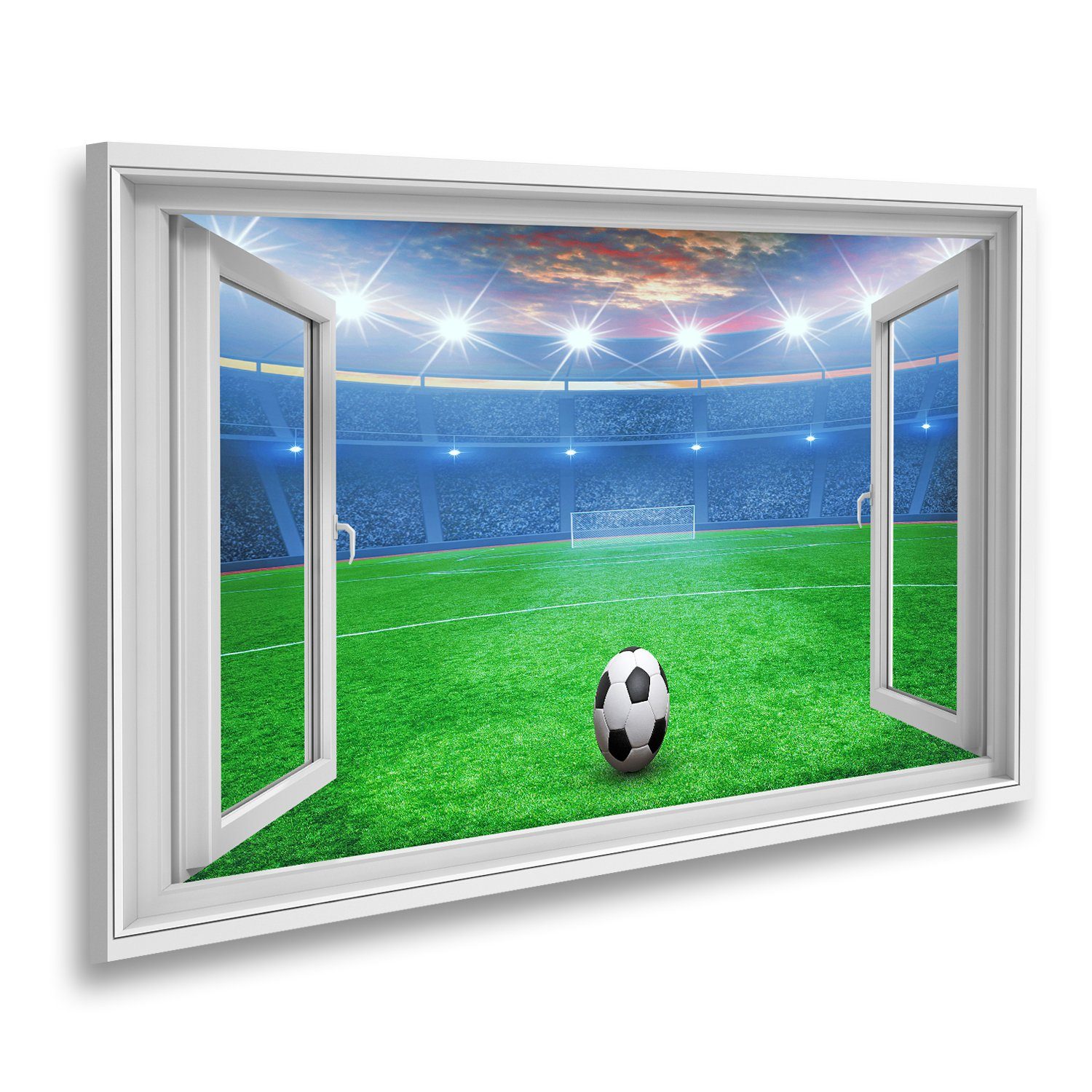 islandburner Leinwandbild »Bild auf Leinwand Fensterblick Fussball auf grünem Stadion Arena in ...