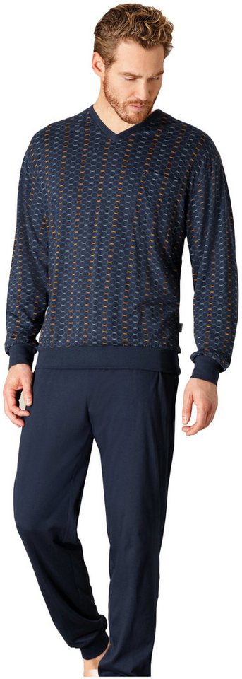 Hajo Schlafanzug Herren Pyjama Mit Bündchen 2 Tlg Modisches Design Blau